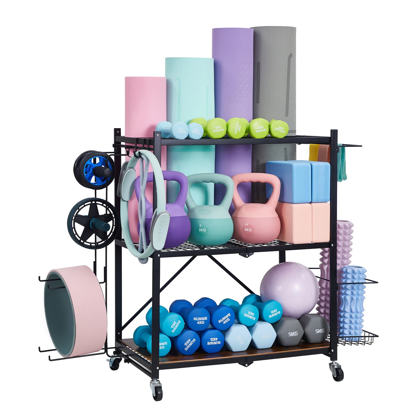 Home Gym Storage, Foldable Yoga Mat Storage Rack for Gym Equipment, Women Men Yoga Mat Holder with Hooks & Wheels, Multifunctional Workout Equipment Storage Rack for Dumbbells