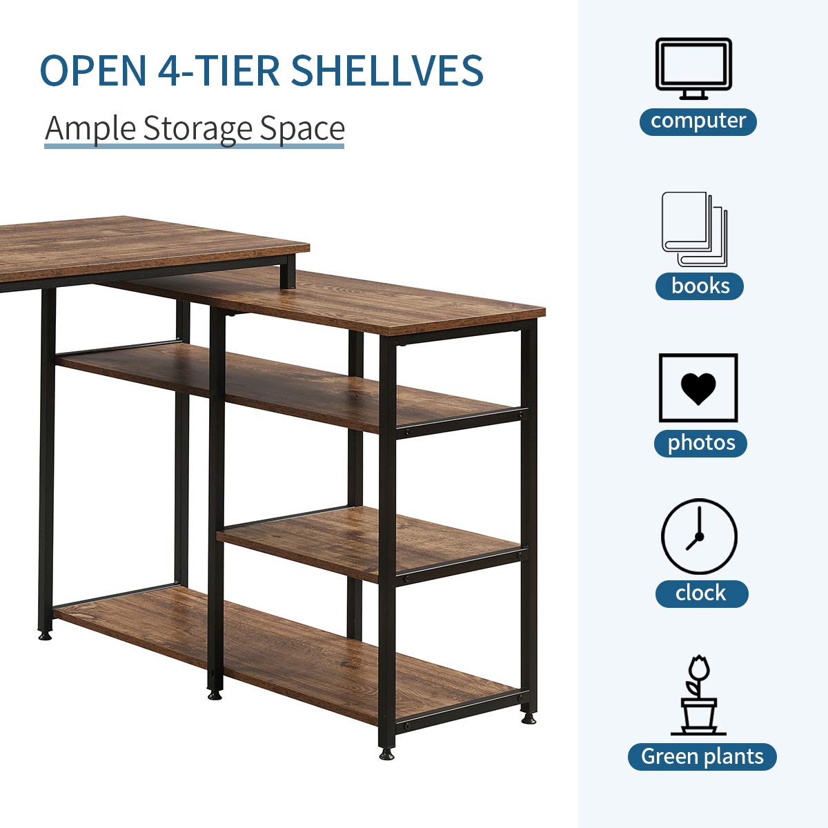 Henf L-Shaped Computer Desk, Industrial Rustic Wood and Metal Office Desk Writing Table with Storage Shelves, Left or Right Set Up Corner Desk Study Table for Home Office, Brown