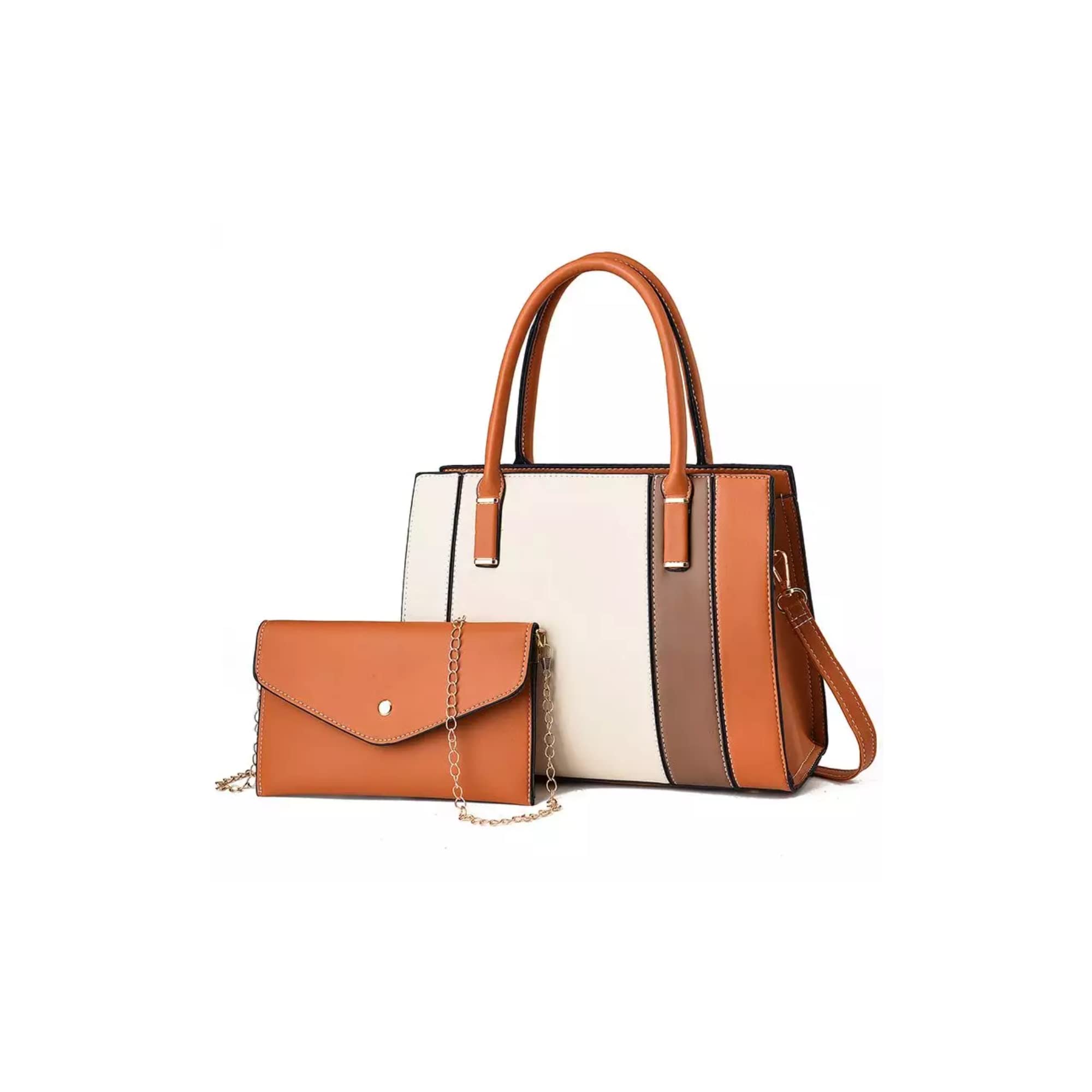 Italian Design Quality Leather Ladies Handbag and Purse Tote Top Handle 2 in1 Set bags (Orang white)