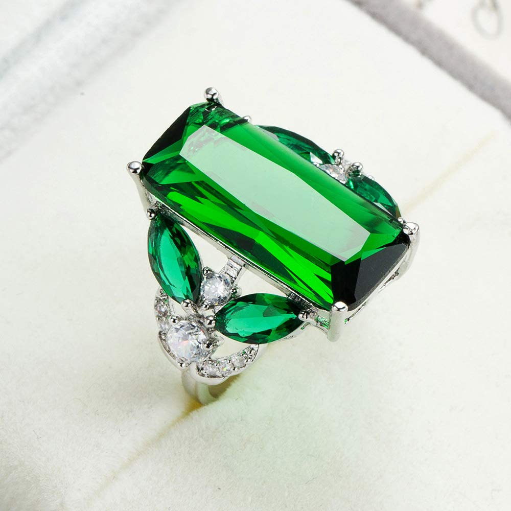 Hsitgexf Huge Lab-Grown Green Gemstone Ring Emerald Cut CZ Cubic Zirconia with Marquise Side Stones Fashion Women's Wedding Engagement Anniversary Ring (US size 6)