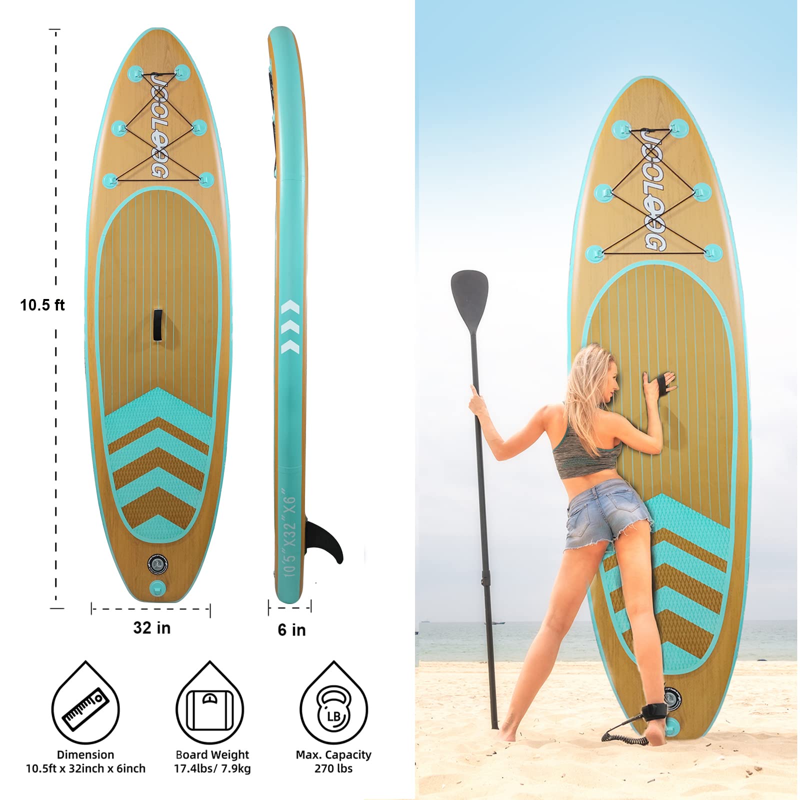 Inflatable Paddle Boards, JOOLOOG Yoga Sup Board for Surfing 10'5''X 32''X 6'', Wood SUP