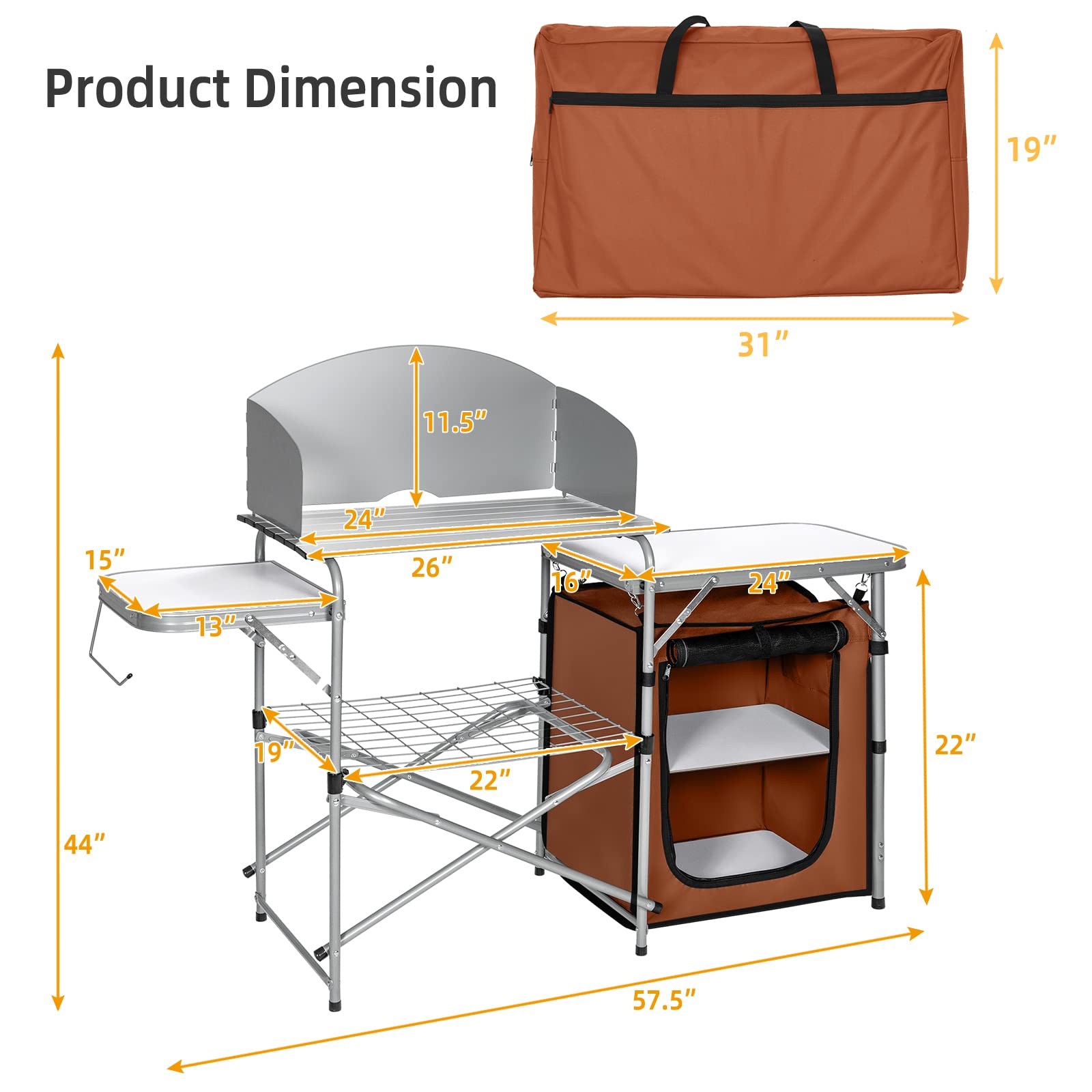 GYMAX Aluminum Portable Camping Kitchen, Folding Cooking Table with 26" Tabletop, Detachable Windscreen & Carrying Bag, Outdoor Grill Table for BBQ, Backyards