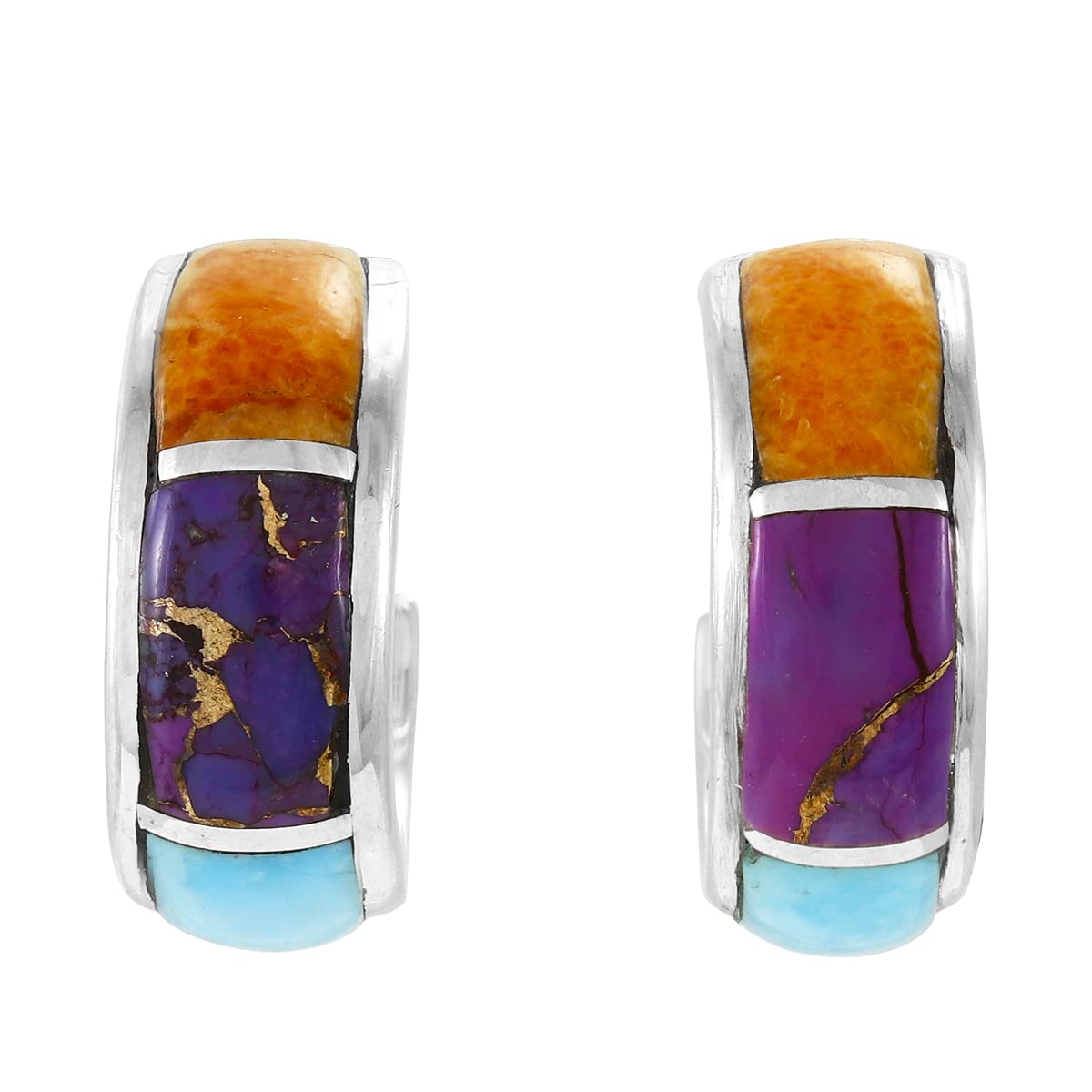 Hoop Turquoise Earrings Sterling Silver 925 Genuine Turquoise & Gemstones (Multi-Gemstones)
