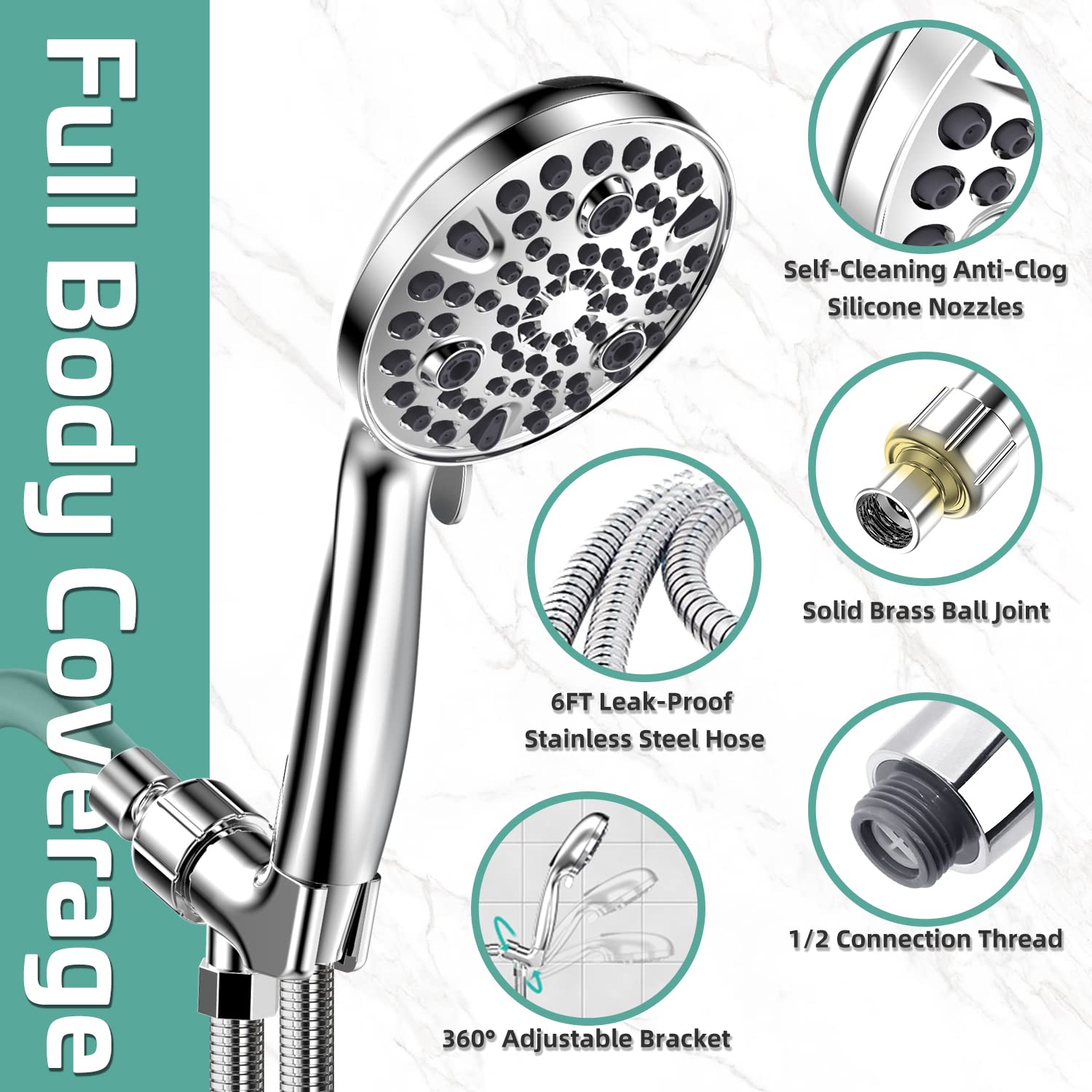High-Pressure 9-Setting Handheld Shower Head Set- Extra Long 6 ft Durable & Flexible Stainless Steel Hose - Adjustable Brass Bracket | Anti-Clog Nozzles| Enjoy Spa Experience Shower Chrome