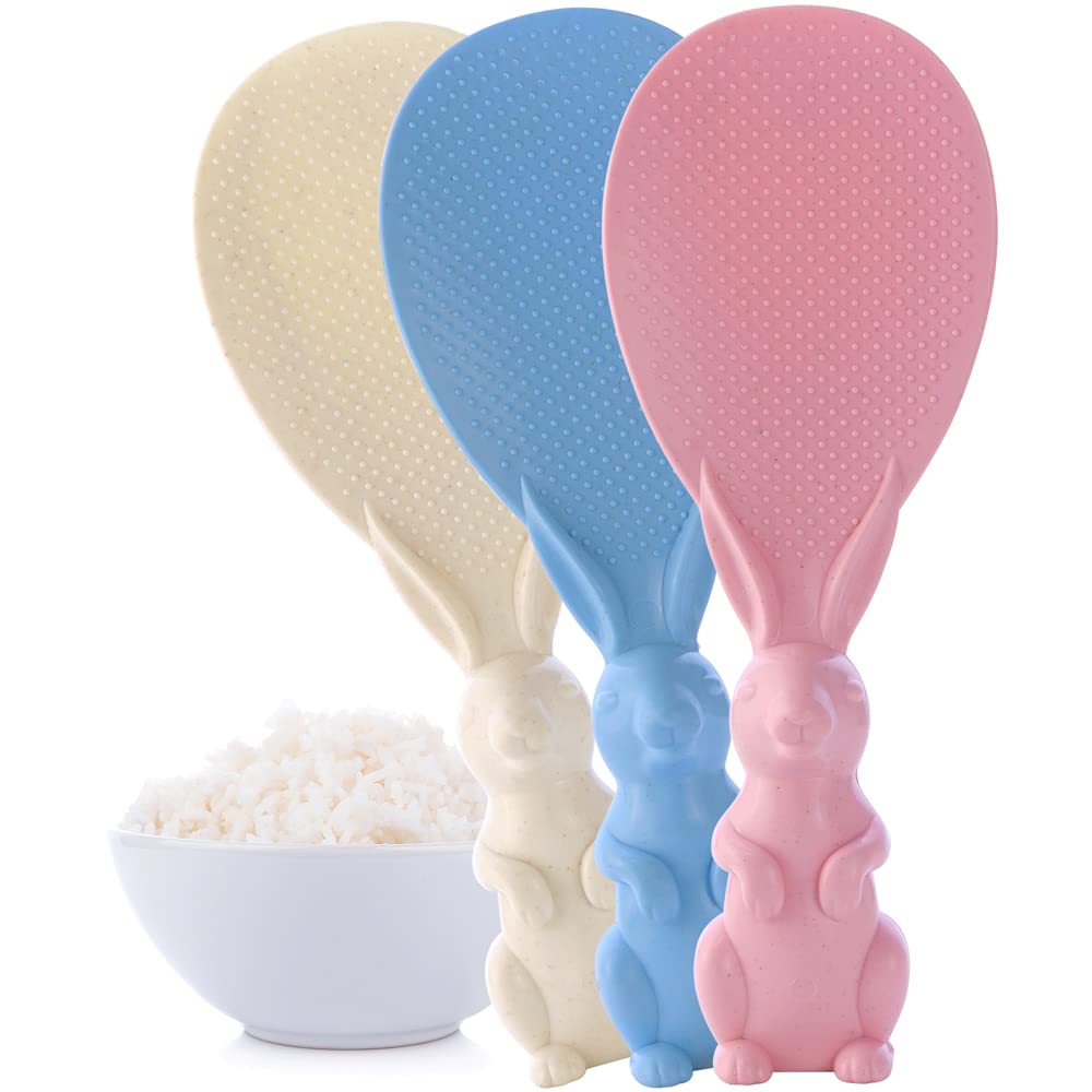 HengKe 3 Pieces Rabbit Shape Rice Paddle Bunny Cartoon Rice Spoon Non-stick Rice Spatula Stand-up Rice Spoon Paddle Standing Rice Cooker Spoon Stand-able Rice Serving Spoons Vertical Rice Scoop