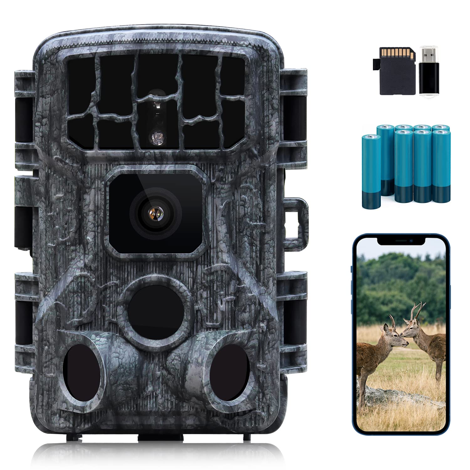 JOH Upgraded 4K 30FPS WiFi Trail Camera, 30MP Game Camera with Low Glow Night Vision, 0.2s Trigger Motion Activated, IP66 Waterproof Hunting Camera, 120° Wide Angle Deer Cam with 32GB Card