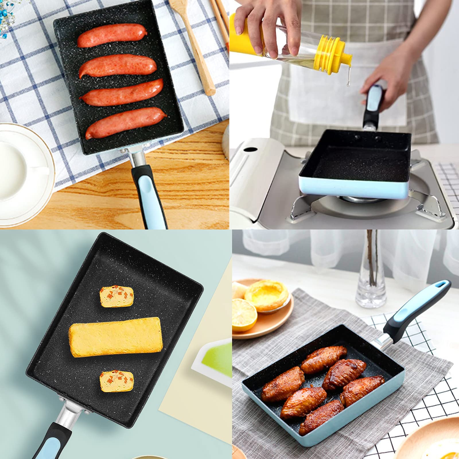 Japanese Tamagoyaki Omelette Egg Pan(blue), 7" x 6" inch Non-stick Coating Retangle Small Frying Pan, Gas Stove and Induction Hob Compatible, Dishwasher Safe, with Silicone Spatula & Brush(green)