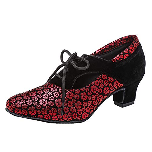 HIPPOSEUS Latin Dance Shoes for Women with Closed Toe Lace up Ballroom Latin Salsa Tango Dance Practice Shoes Low heel 1.75",Black Red, 7.5 B(M) US