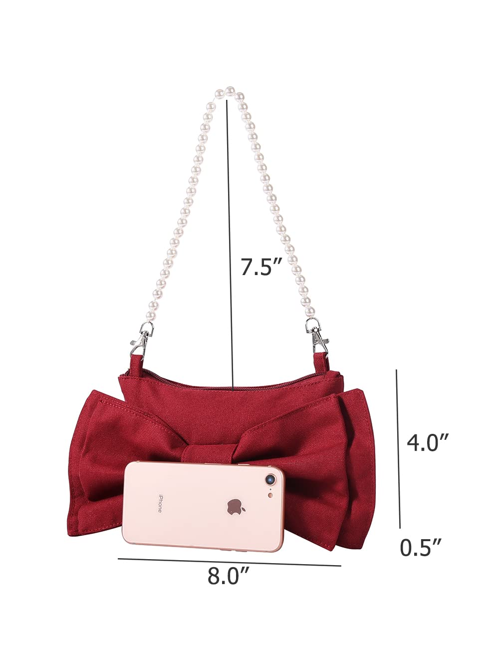 JENLING Red Bow Mini Shoulder Purse Clutch Bag for Women with Pearl Chain (Burgundy)