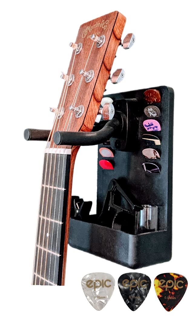 Guitar Wall Mount Hanger Black with Large Storage Compartment Shelf for Guitar Accessories Guitar Mount Guitar Holder Guitar Shelf Guitar Hooks for Wall No Drill Guitar Hanger