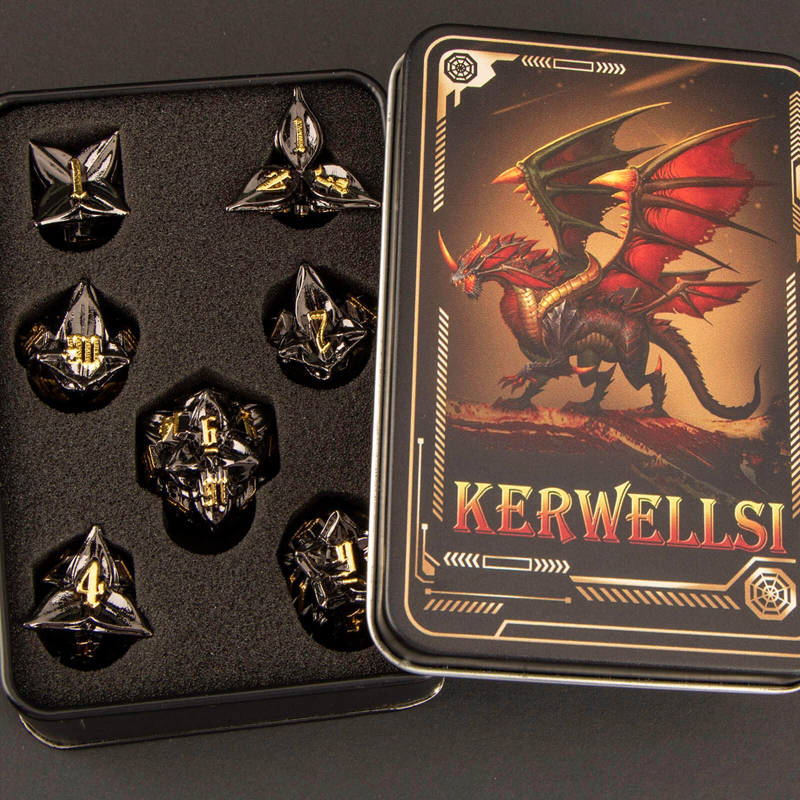 KERWELLSI Metal DND Dice Set, Leaf Black D&D Dice Set with Box, 7 Piece Dungeons and Dragons Dice, Role Playing D and D Dice, RPG Polyhedral Dice Set D20 D12 D10 D8 D6 D4
