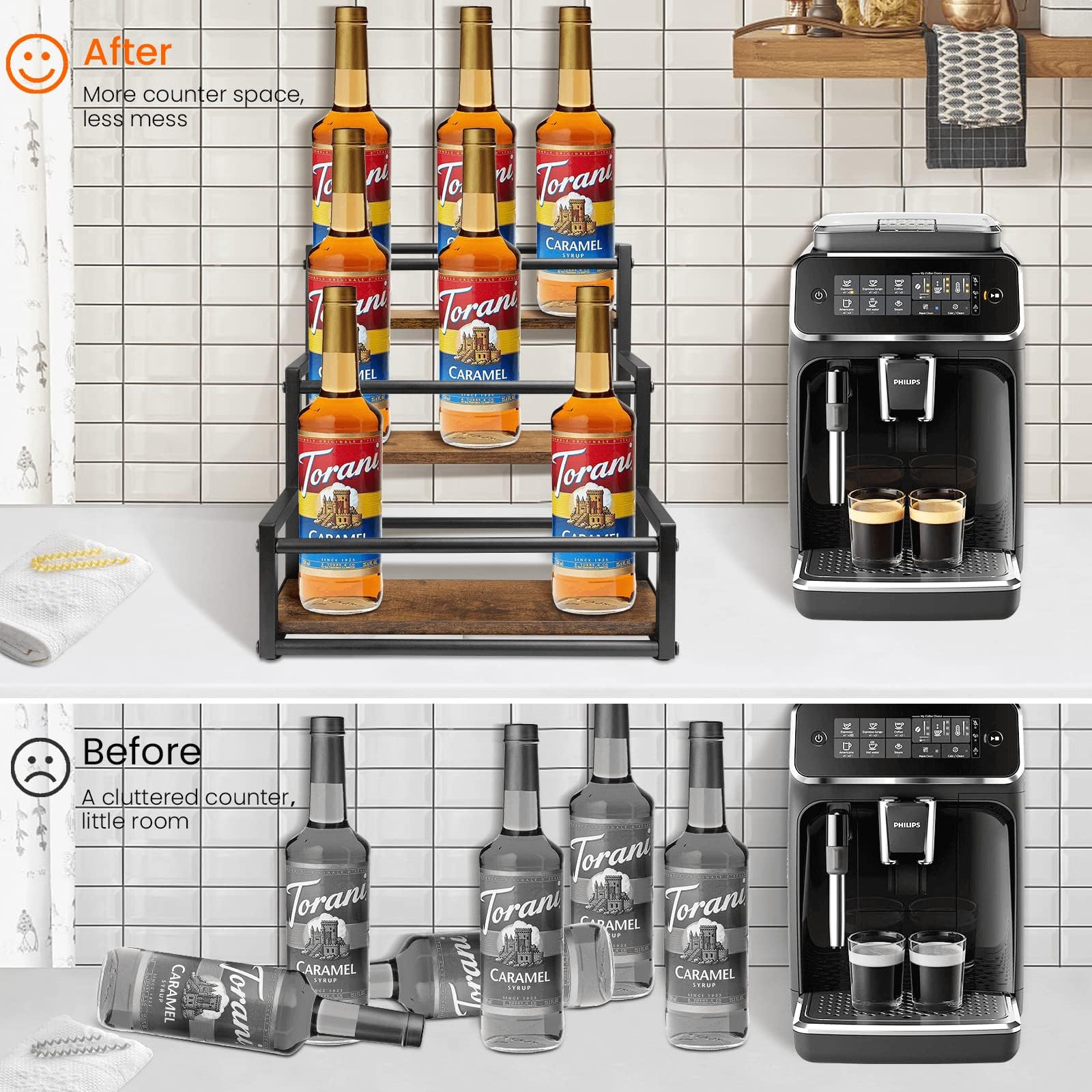 Homode Coffee Syrup Rack Organizer, 12 Bottle Syrup Holder Stand for Coffee Bar, 3 Tier Shelf Storage Rack for Liquor Syrup Wine for Countertop, Kitchen, Coffee Station, Rustic Brown Black