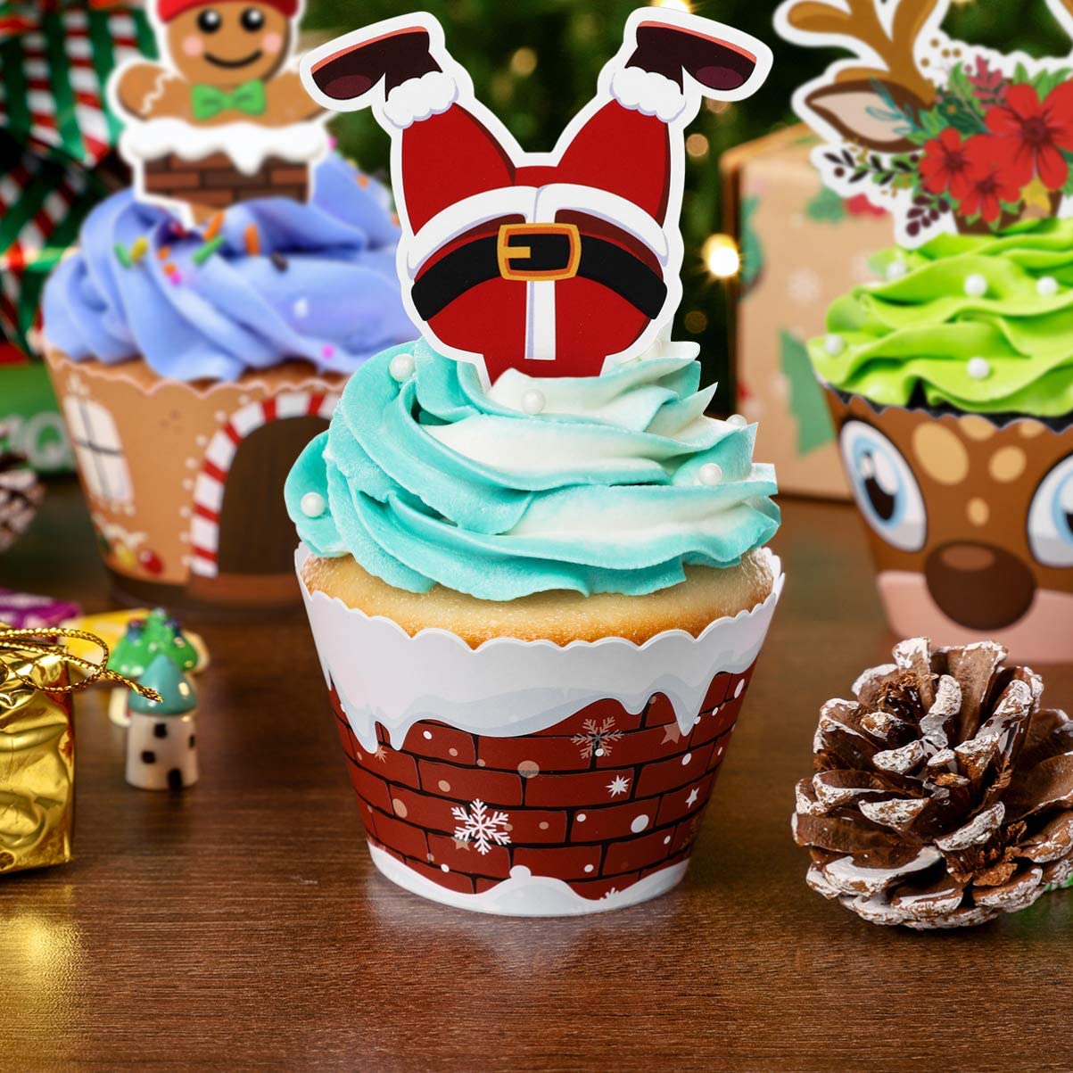 Hemoton 72Pcs Christmas Cupcake Toppers and Wrappers Cute Cupcake Dessert Decoration Unique Party Favors for Christmas Party