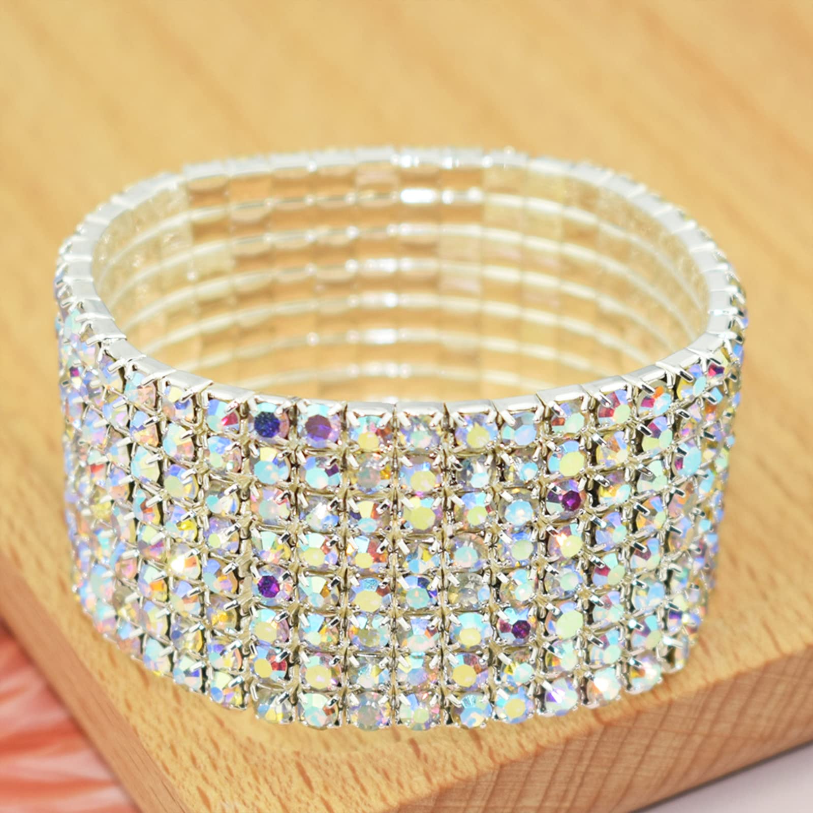 HLIN Rhinestone Bracelet for Women 2Pcs Strand Stretch Silver-tone AB Sparkling Bridal Tennis Bangle