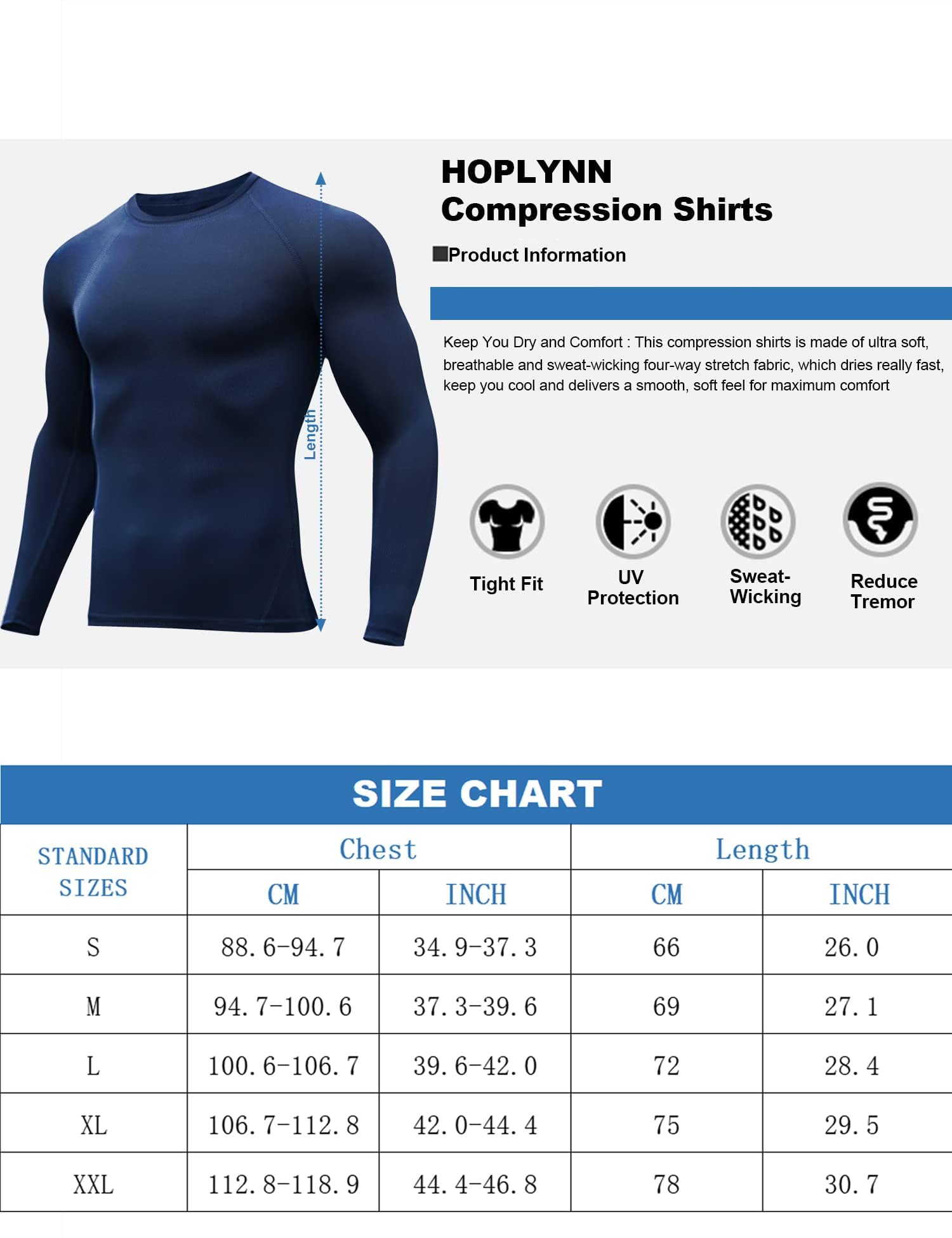 HOPLYNN 5 Pack Compression Shirts Men Long Sleeve Rash Guard Athletic Baselayer Undershirt Gear Tshirt for Sports Workout 2 Black 1 White 1 Blue 1Gray-S