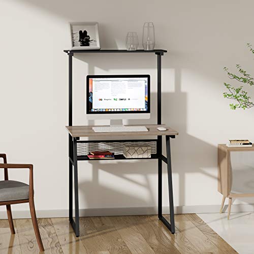 HOMOOI Height Adjustable Computer Desk with Printer Shelf and Bookshelf, Home Office Workstation for Small Space,Beige