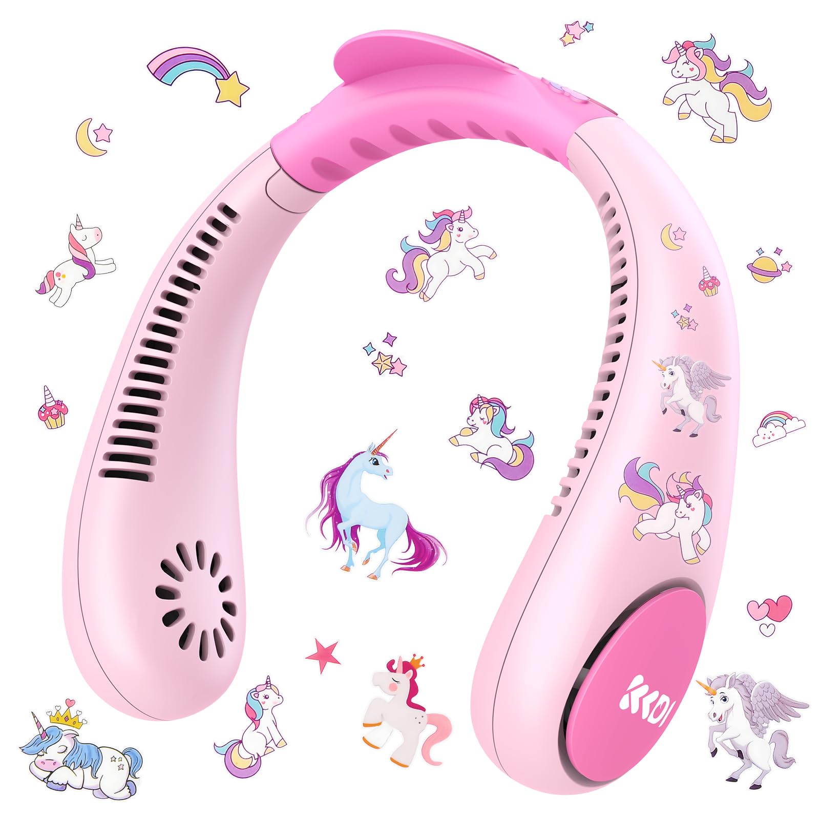 Kids Neck Fan, Portable Bladeless Neck Fan for Kids, 2600mAh Rechargeable Cooling Fan for 4-14Y Girls Boys with Unicorn Stickers, 4 Speeds & Lightweight Wearable Quiet Fan for Study/Camping/Travel