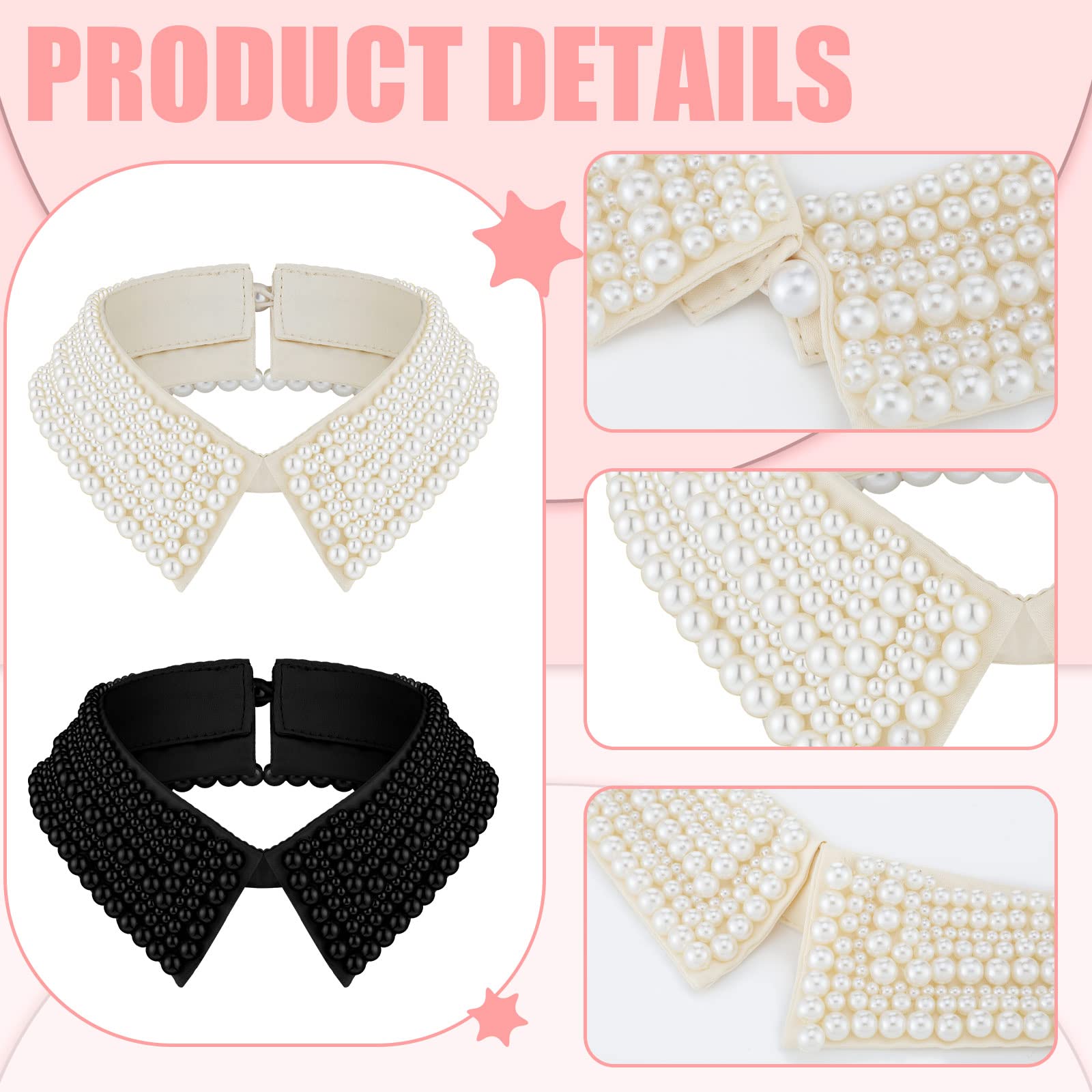 Hicarer 2 Pieces Pearl Collar Necklace for Women Detachable Fake Collar Simulated Pearl Beaded Bib Dickey Collar(Delicate)