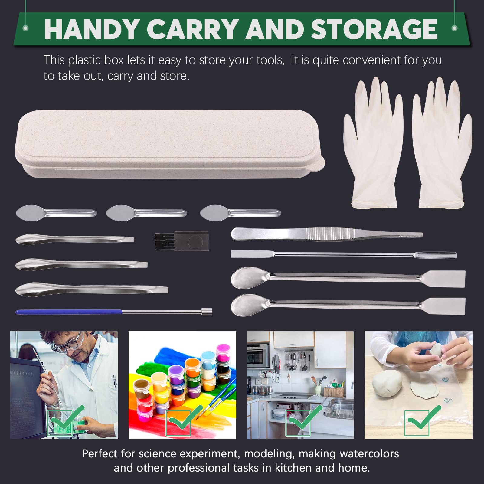 Keadic 13Pcs Micro Lab Spoon Spatulas Assortment Kit Includes U-Shaped Sampling Scoops, Herb Powder Tamper Tool, 2 in 1 Mixing Spatula and Tweezers for Gel Capsules Filler