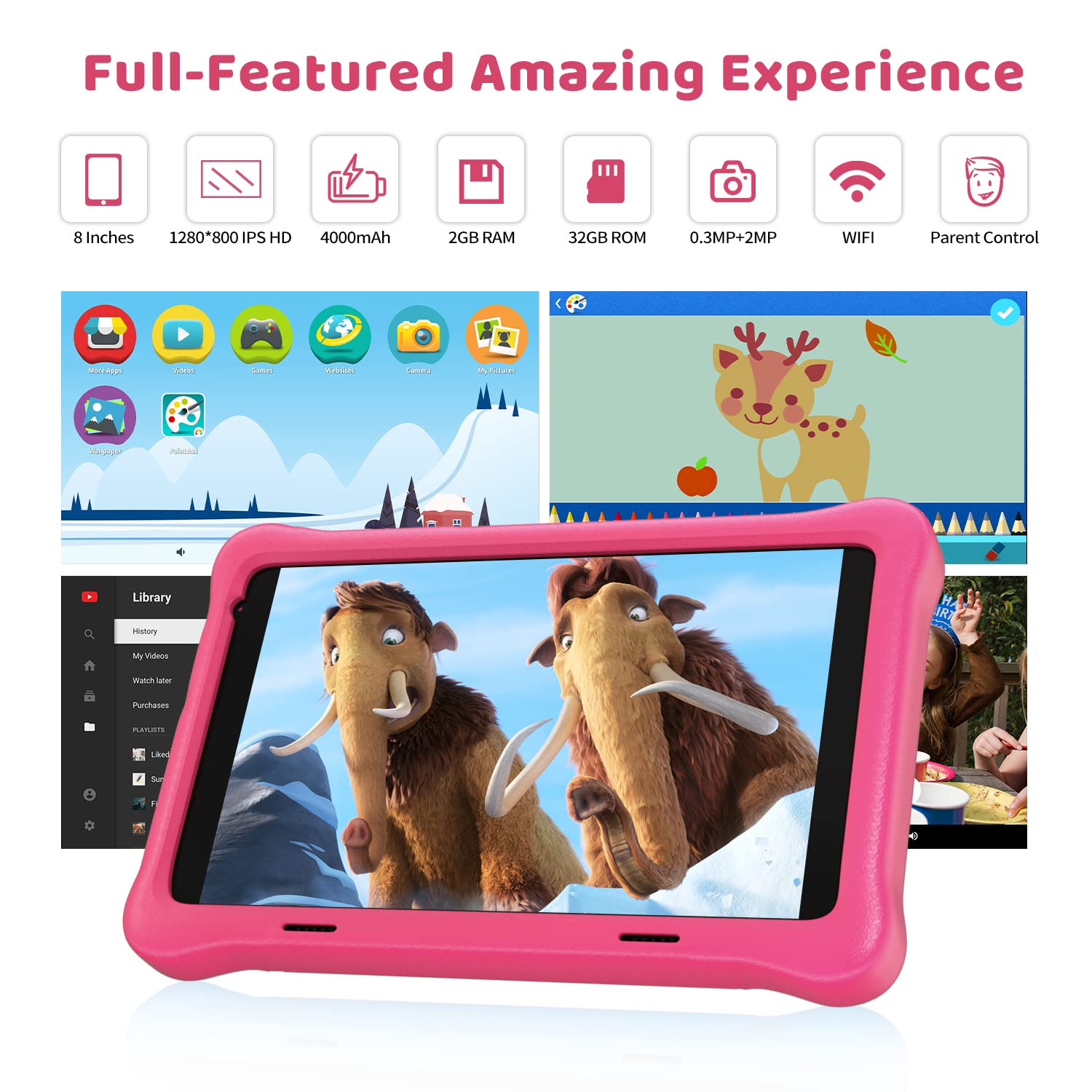 HiGrace Kids Tablet 8 inch, Android 10 Tablets for Kids with Kidoz Installed, HD1280*800, 2GB+32GB ROM, 4000mAh Battery, WiFi, Bluetooth, Kids Edition Tablet with Protective Case - Pink