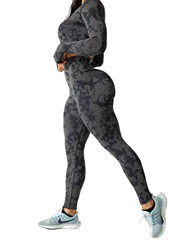 GYMTALENT High Waisted Seamless Workout Sets for Women, Butt Lifting Yoga Sets, Butt Lifting Tummy Control Camo Dark M