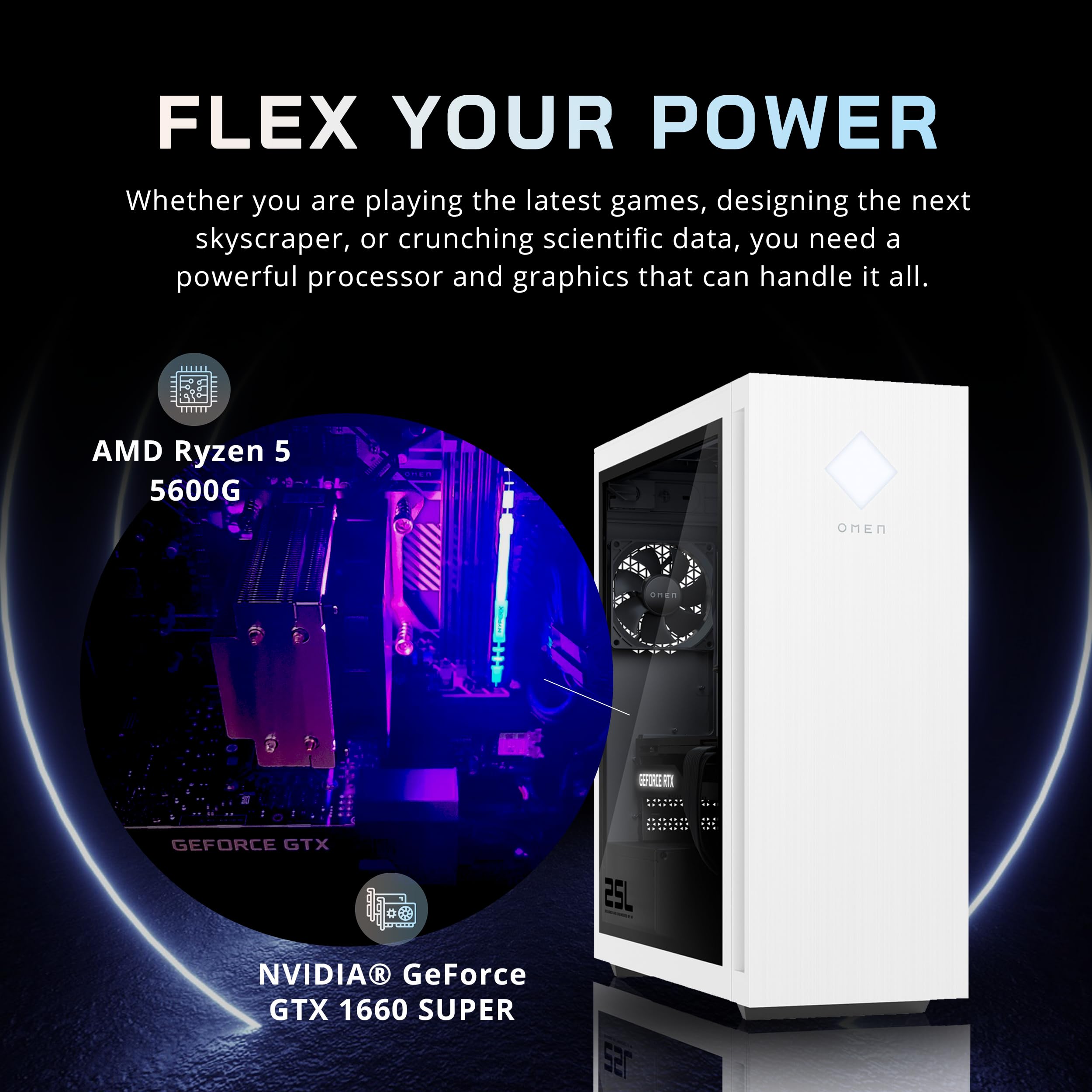 HP OMEN 25L Gaming Desktop, AMD Ryzen 5 5600G, 16GB DDR4 RAM, 512GB PCIe SSD + 1TB HDD, NVIDIA GeForce GTX 1660 Super 6G GDDR6, Win 11 Pro, White, 32GB Hotface USB Card