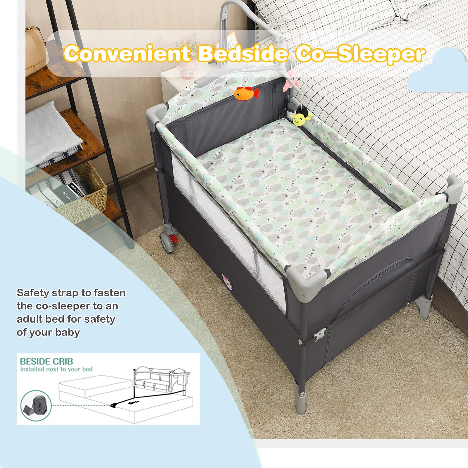 HONEY JOY Pack and Play with Bassinet, 5-in-1 Baby Bedside Sleeper w/Diaper Changing Table & Storage Bag, Toy Arch & Music Box, Detachable Side Rail, Portable Baby Play Yard w/Carry Bag(Gray)