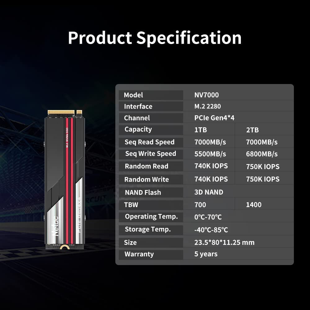 Netac 2TB PCIe 4.0 NVMe SSD M.2 2280 Internal Solid State Drive with Heatsink SLC Caching Speed up to 7,000MB/s High-Performance for PCs Desktop, Works with PS5, Heat Control Easy to Install- NV7000