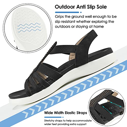 HARENCE Flat Sandals for Women Sandals with Arch Support Comfortable FootBed Orthopedic Sandals Elastic Ankle Strap Summer Casual Non Slip Walking Shoes