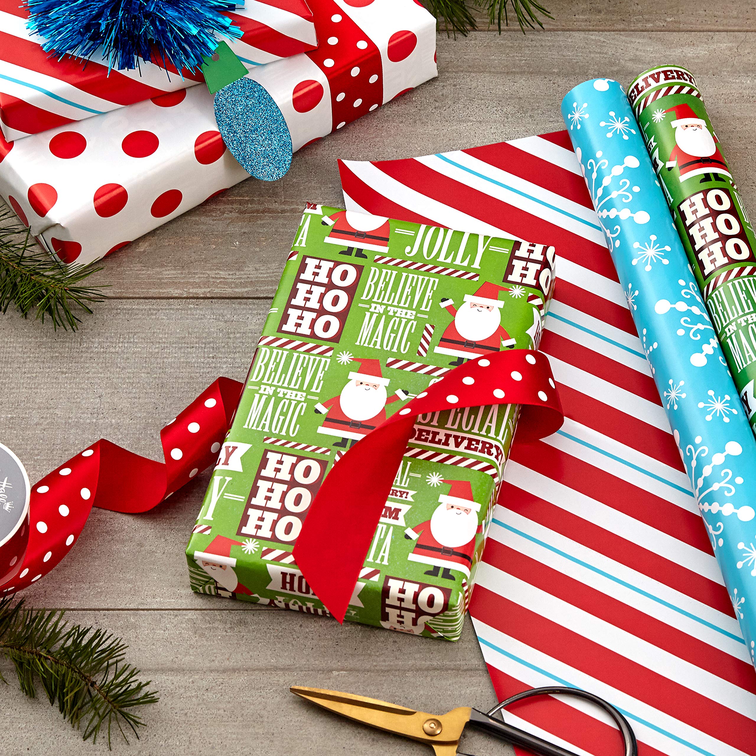 Hallmark Reversible Christmas Wrapping Paper for Kids - Bulk (2 Jumbo Rolls: 160 sq. ft. ttl) Santa, Snowflakes, Stripes, Red Dots, Dual-Pack