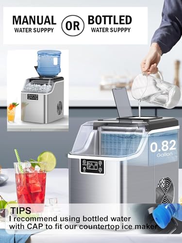 Kndko Ice Cube Maker Machine Countertop, 2 Ways to Add Water, 45Lbs/Day, 24 Pcs Ready in 13 Mins, 2.6 lbs Capacity, Ice Makers Countertop with 24H Timer for Home Bar RV,Stainless Steel Ice Maker