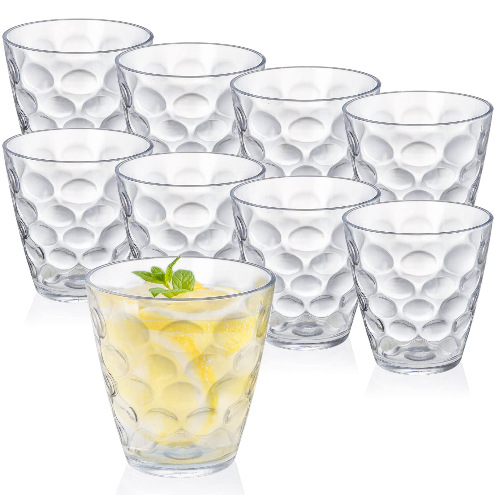 Hiceeden Set of 9 Plastic Tumblers Drinking Glasses, 9.5 Oz Unbreakable Clear Water Cups, Reusable Drinking Cups Wine Glasses for Juice, Beverages, Drinks, BPA Free, Stackable, Dishwasher Safe