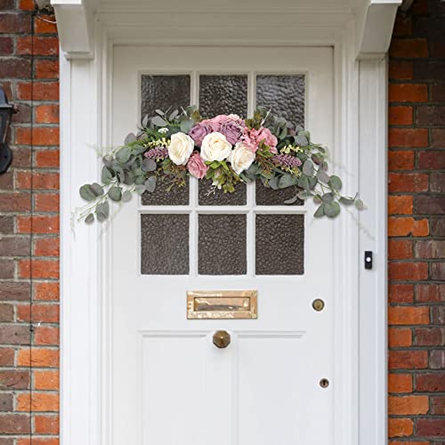 HiiARug Artificial Rose Flower Swag, 31 Inch Decorative Swag with Dusty Rose Hydrangeas Eucalyptus Leaves for Home Room Garden Lintel Wedding Arch Party Decor (Ivory Dusty Rose,31")