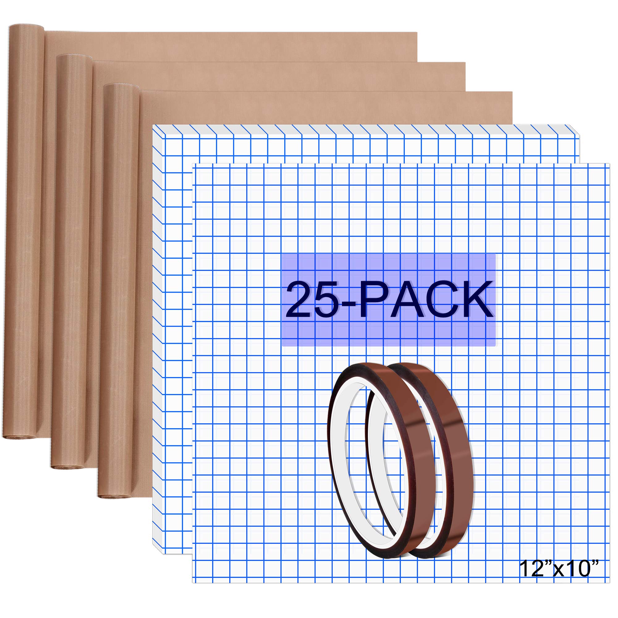 HIRALIY 3 Pack Teflon Sheet for Heat Press and 2 Rolls Heat Resistant Tape Plus 20 Pack Vinyl Transfer Paper Sheets (12" x 10") for Sublimation Cricut Craft Vinyl Decals Signs Windows Stickers