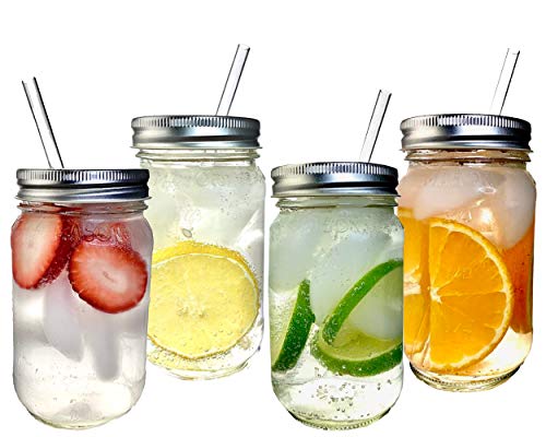 Jarming Collections- Reusable Smoothie, Iced Coffee Glass Jars with 16oz Mason Cups, Lids, Glass Straws, Bubble Tea Accessories, Environment Conscious, Pack of 4