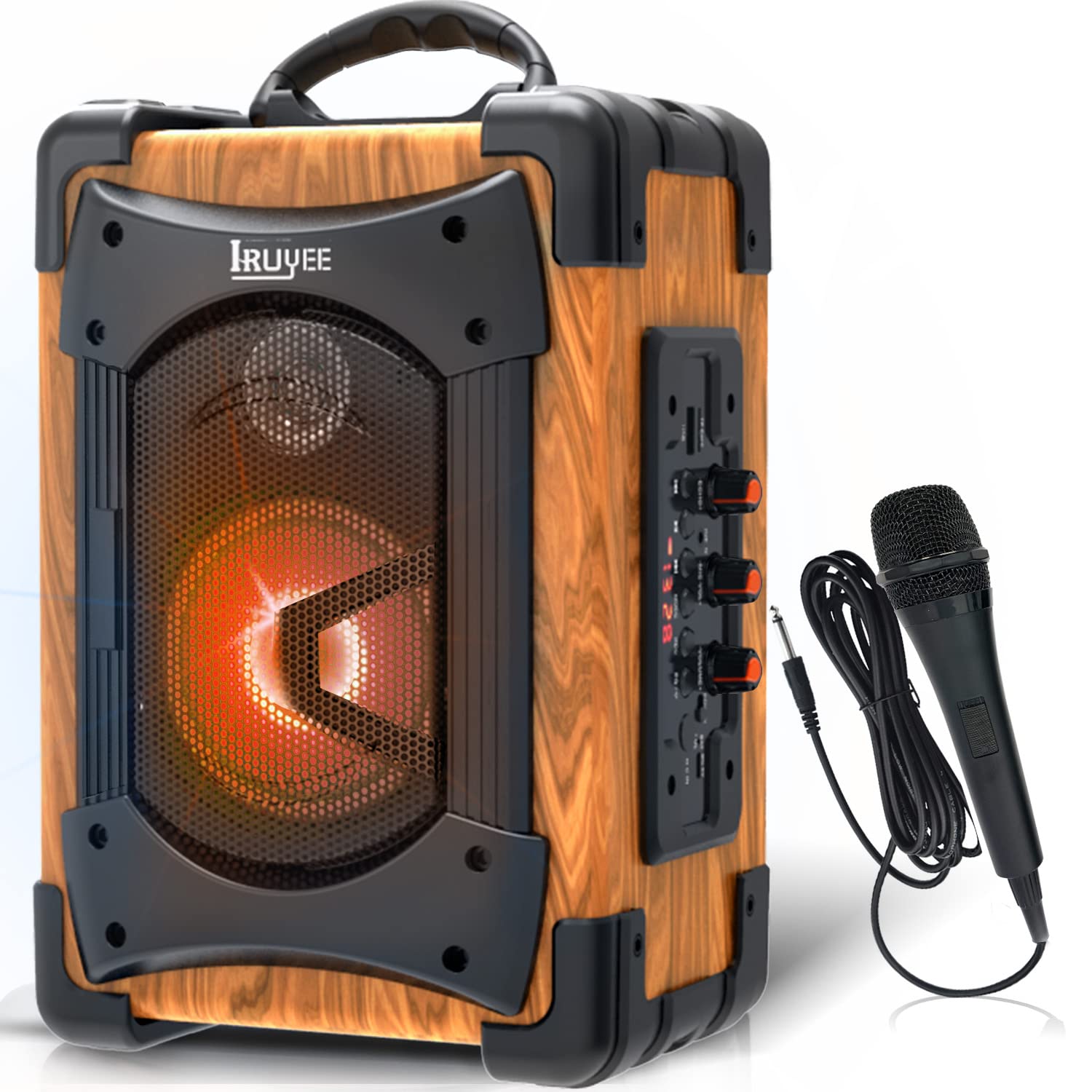 IRUYEE Karaoke Machine for Adults and Kids Portable Bluetooth Speakers with Microphone, Party Bluetooth Speakers with Bass Loud, Support FM Radio, Audio Recording, TF Card/USB (Wood Color)