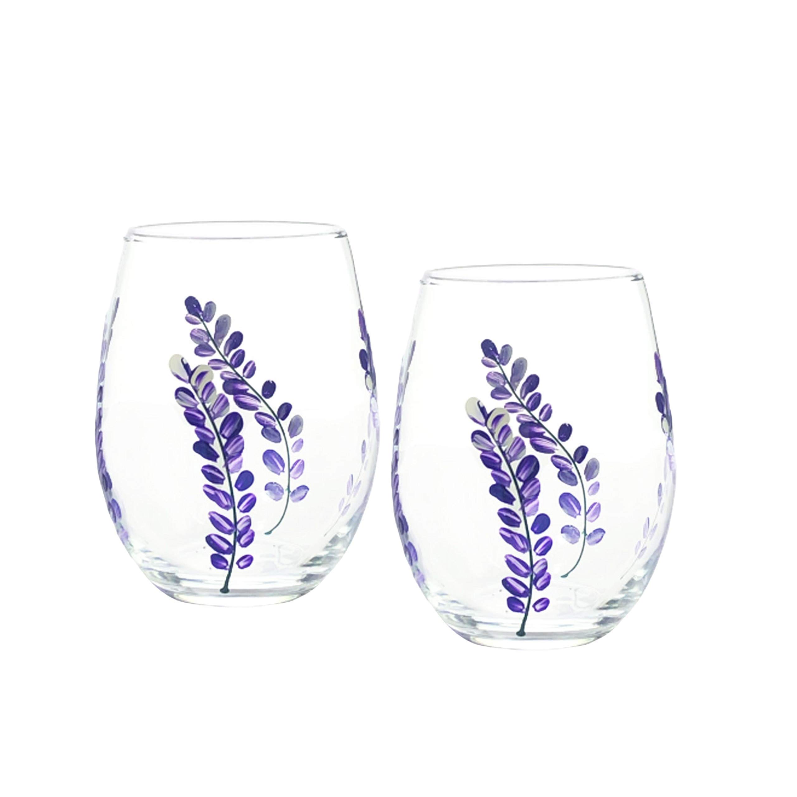Hand Painted Lavender Flower Wine Glasses, Brushes with a View set of 2 Artisan Made Floral Drinking Glasses Set, Perfect Motherâs Day, Bridal Shower, Christmas & Easter Gift, 15 oz