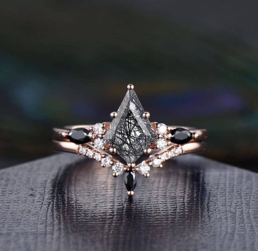 kite cut Black rutilated quartz ring rose gold silver engagement ring set for women ring marquise cut black spinel promise ring (ROSE GOLD, 6)