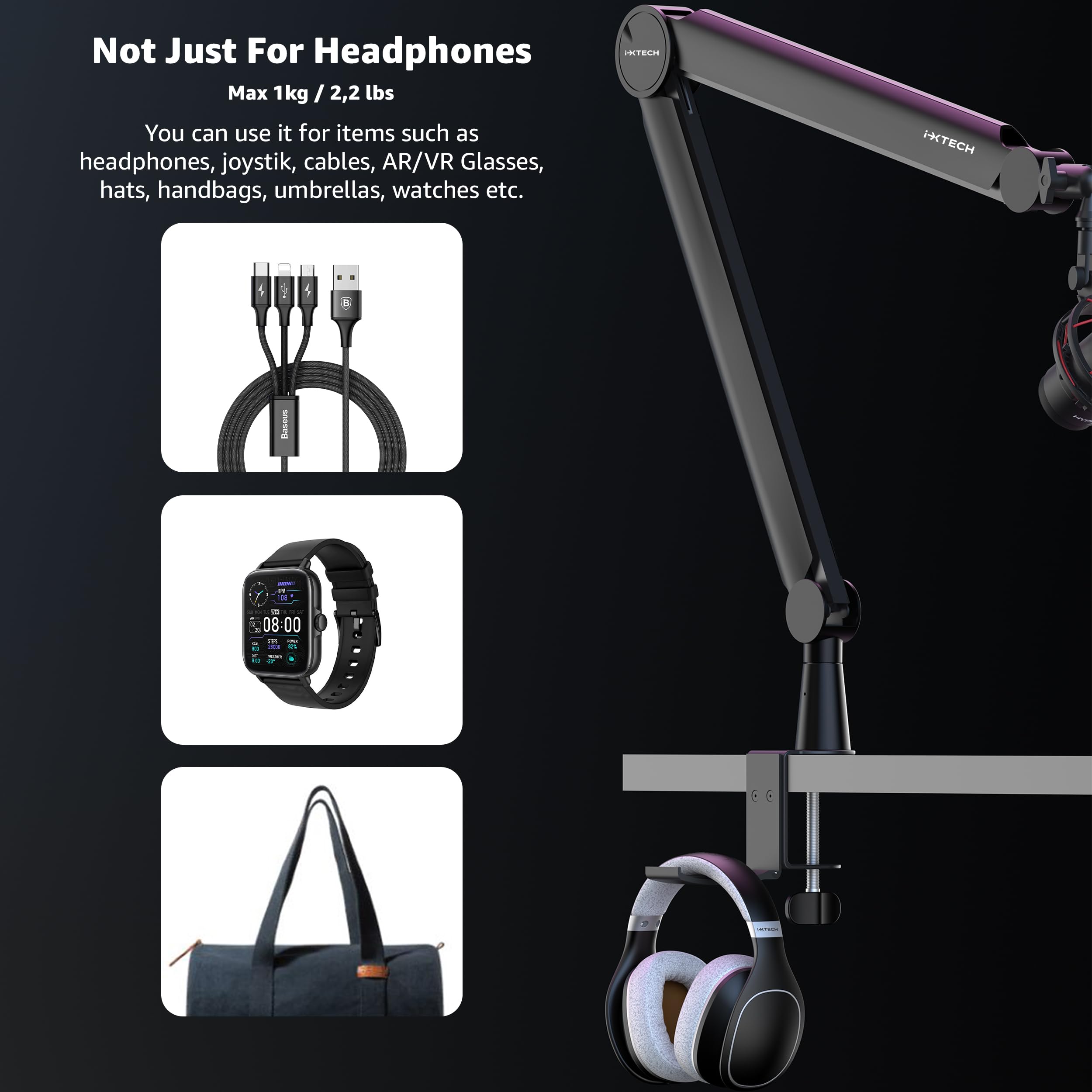 IXTECH Mic Arm Boom Arm 360° Rotatable Microphone Boom Arm Mic Boom Arm with Desk Mount, Fully Adjustable, for Podcast, Video, Gaming, Radio, Studio Recording, Sturdy and Universal VALIANT Pro
