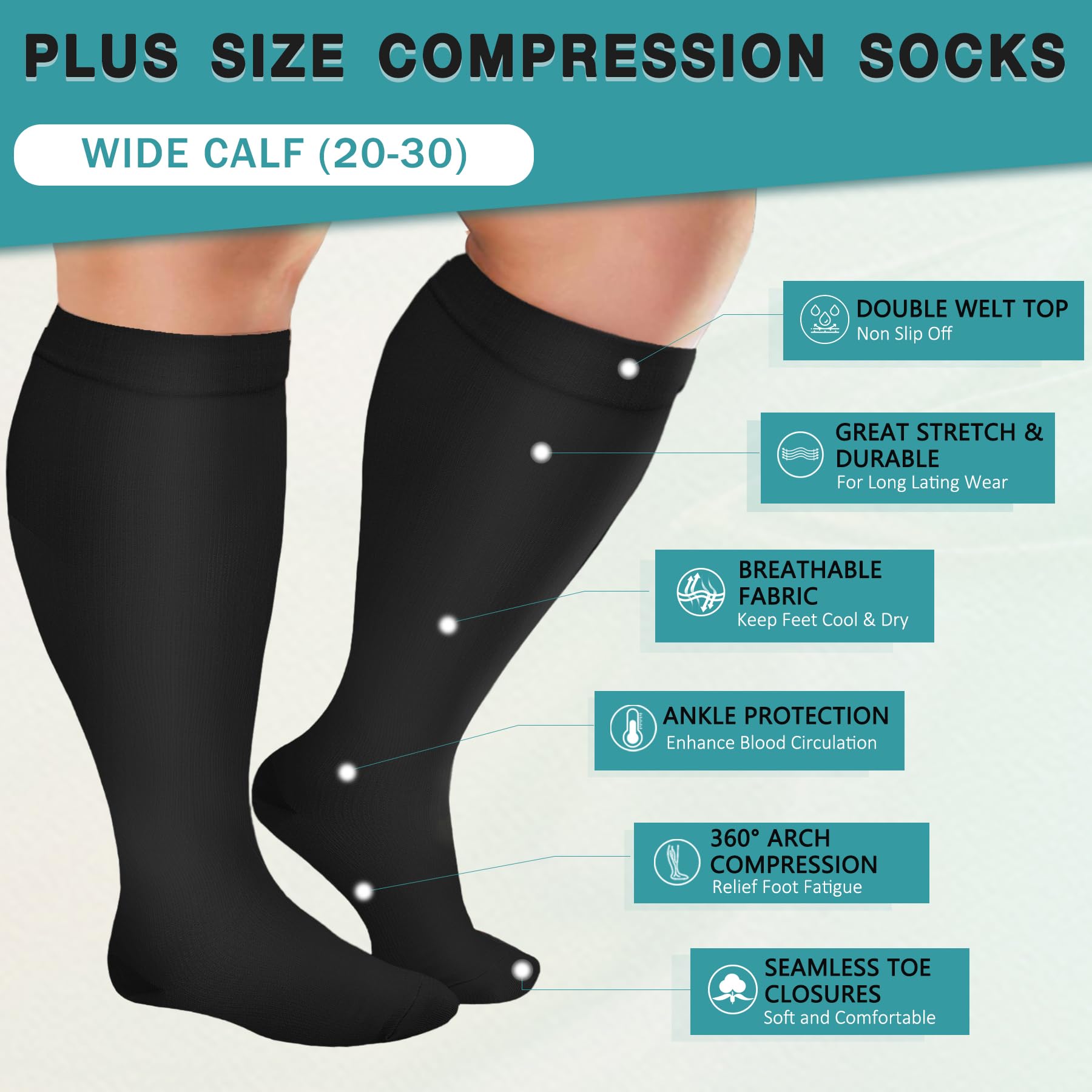 Iseasoo Plus Size Compression Socks for Men and Women-3 pairs Wide Calf Knee High Compression Stockings Support for Circulation,Nurses, Running 4XL
