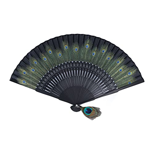 Handheld Folding Fan, Chinese Style Black Beautiful Peacock Pattern Antique Bamboo Hand Fan for Performance Clothes Decoration Gift, Folding Fan Bag Hand Bamboo Decorative Fans Chinese Pride held