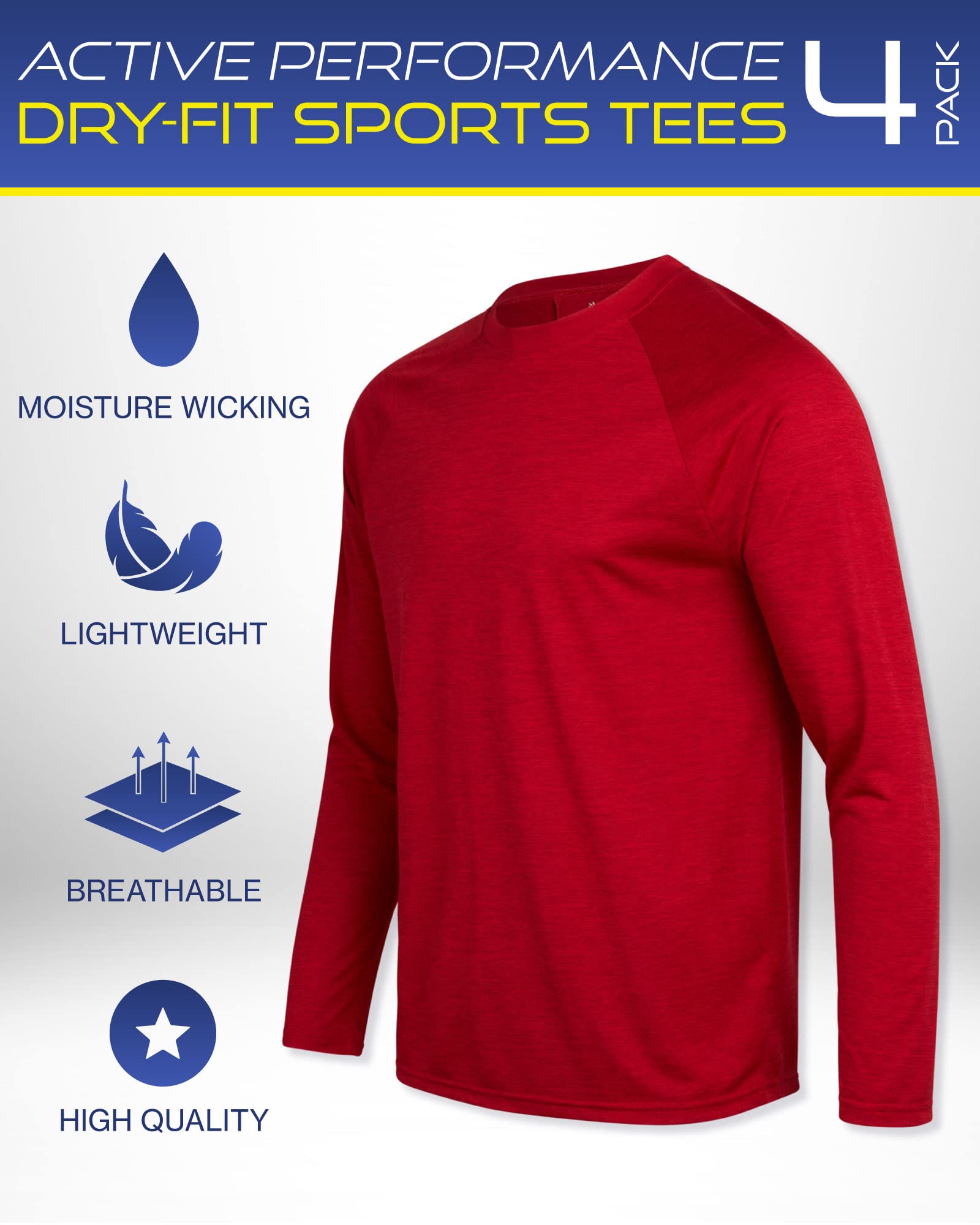 iXtreme Men’s Active T-Shirt - 4 Pack Performance Dry-Fit Long Sleeve Sports Tee - Athletic Workout Shirt for Men (S-3X), Size Large, Black/Red/Blue/Grey Marble