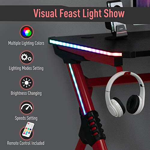 HOMCOM 43in Gaming Desk with RGB LED Lights Racing Style Gaming Table with Cup Holder & Cable Management, Red