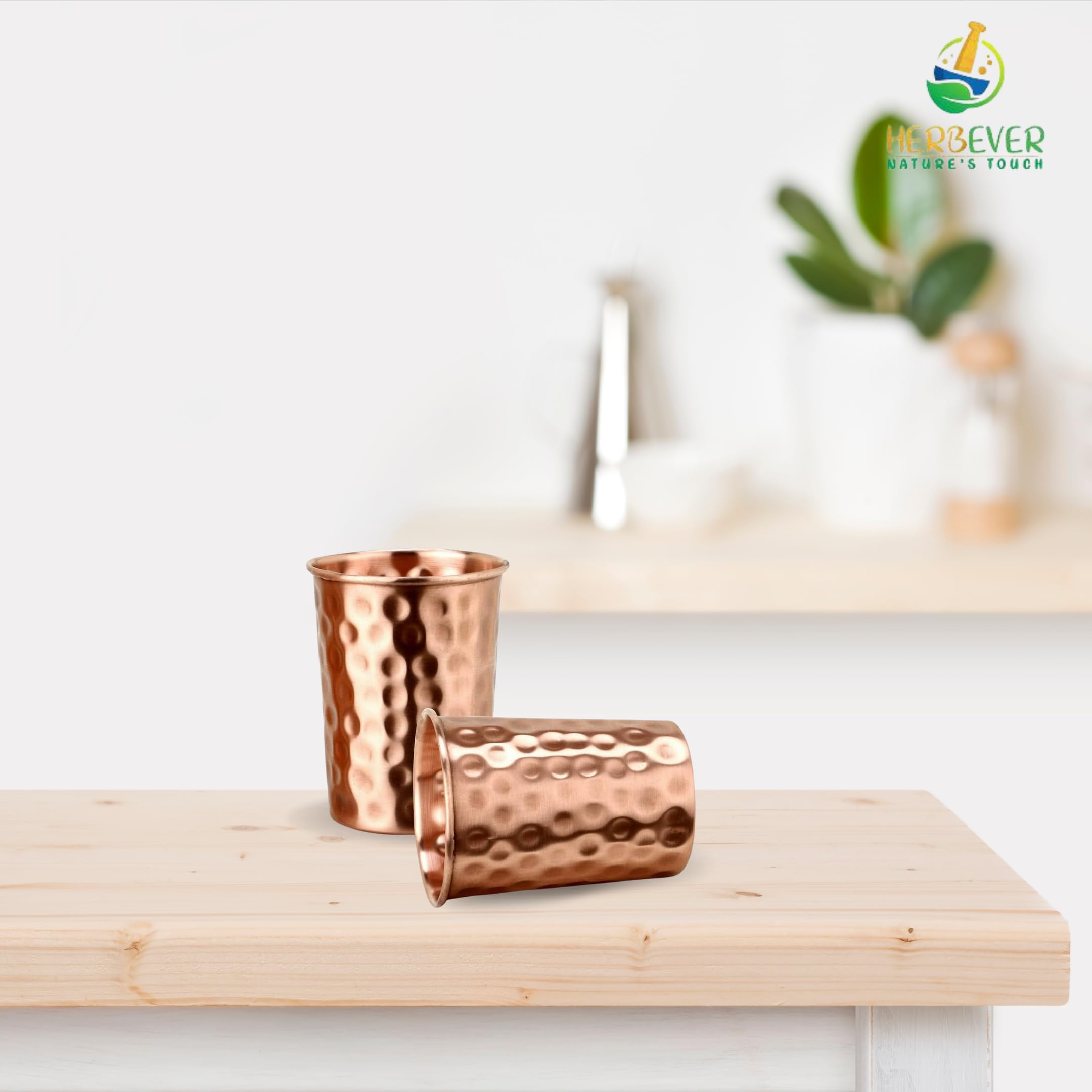 HERBEVER Pure Copper Hammered shape Water Tumbler Glasses for Healing Ayurvedic Set of 2