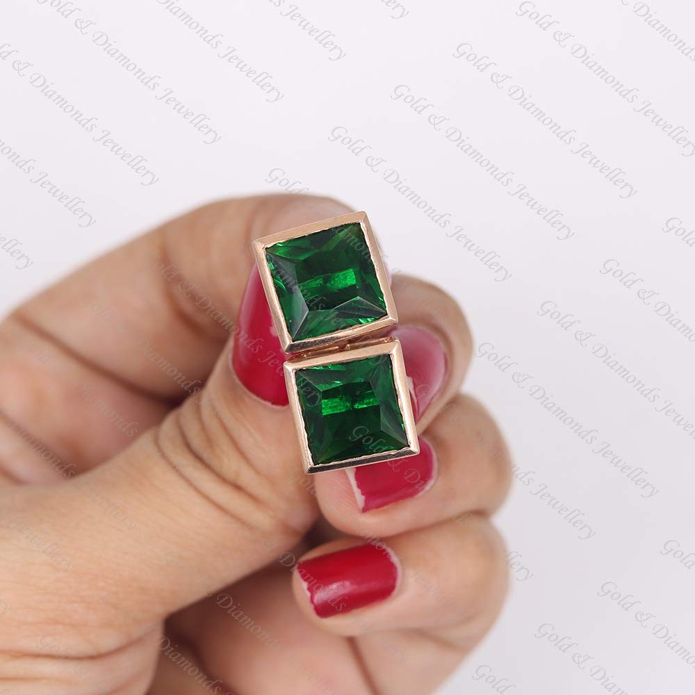Gold & Diamonds Jewellery Bezel Set Princess Cut Created Green Emerald (3MM) Solitaire Stud Earrings 14K Rose Gold Over .925 Sterling Silver