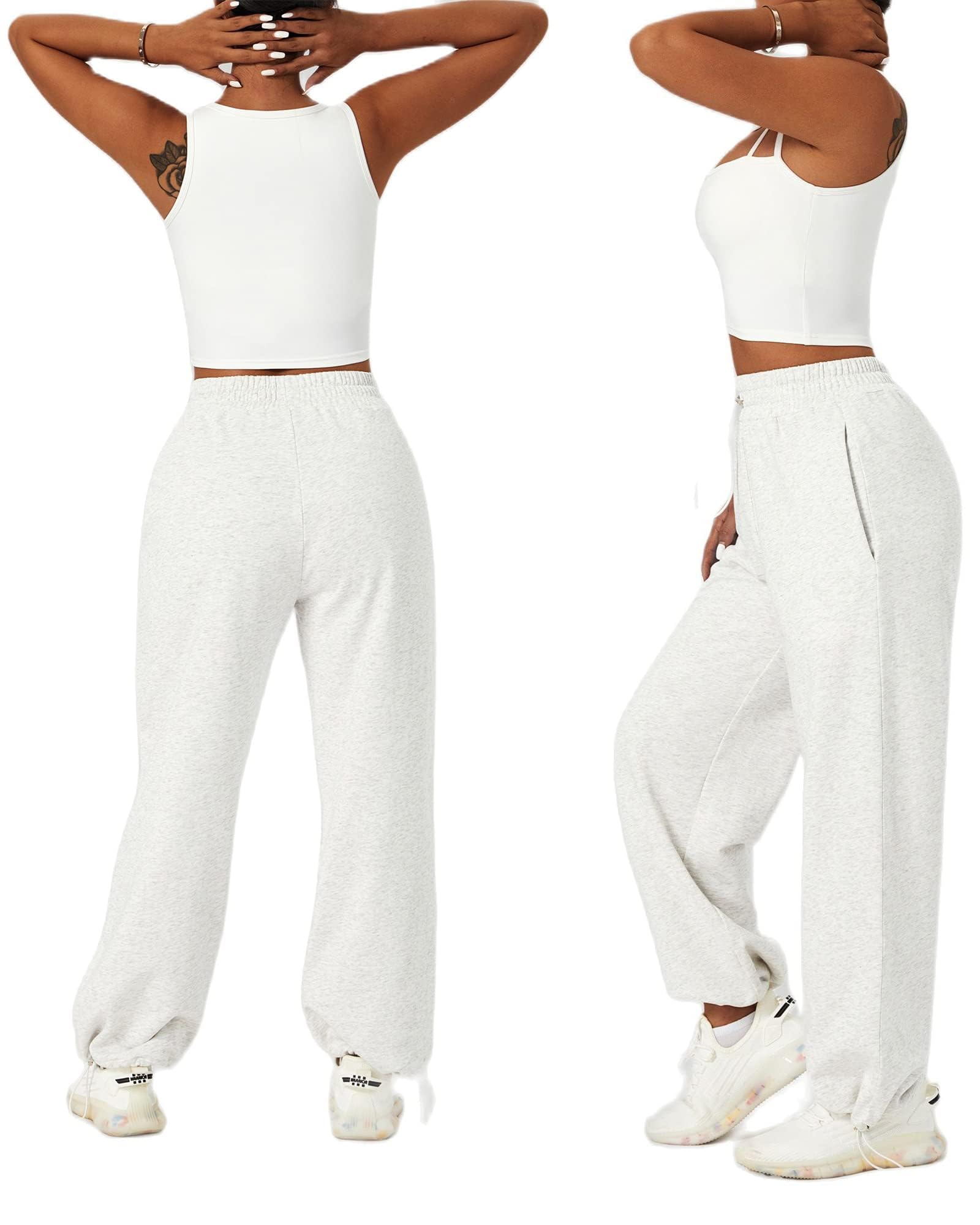 HerGymClothing Women's Workout Sweatpants Adjustable Cinch Bottom Drawstring High Waisted Baggy Joggers with Pockets (White Gray, M)