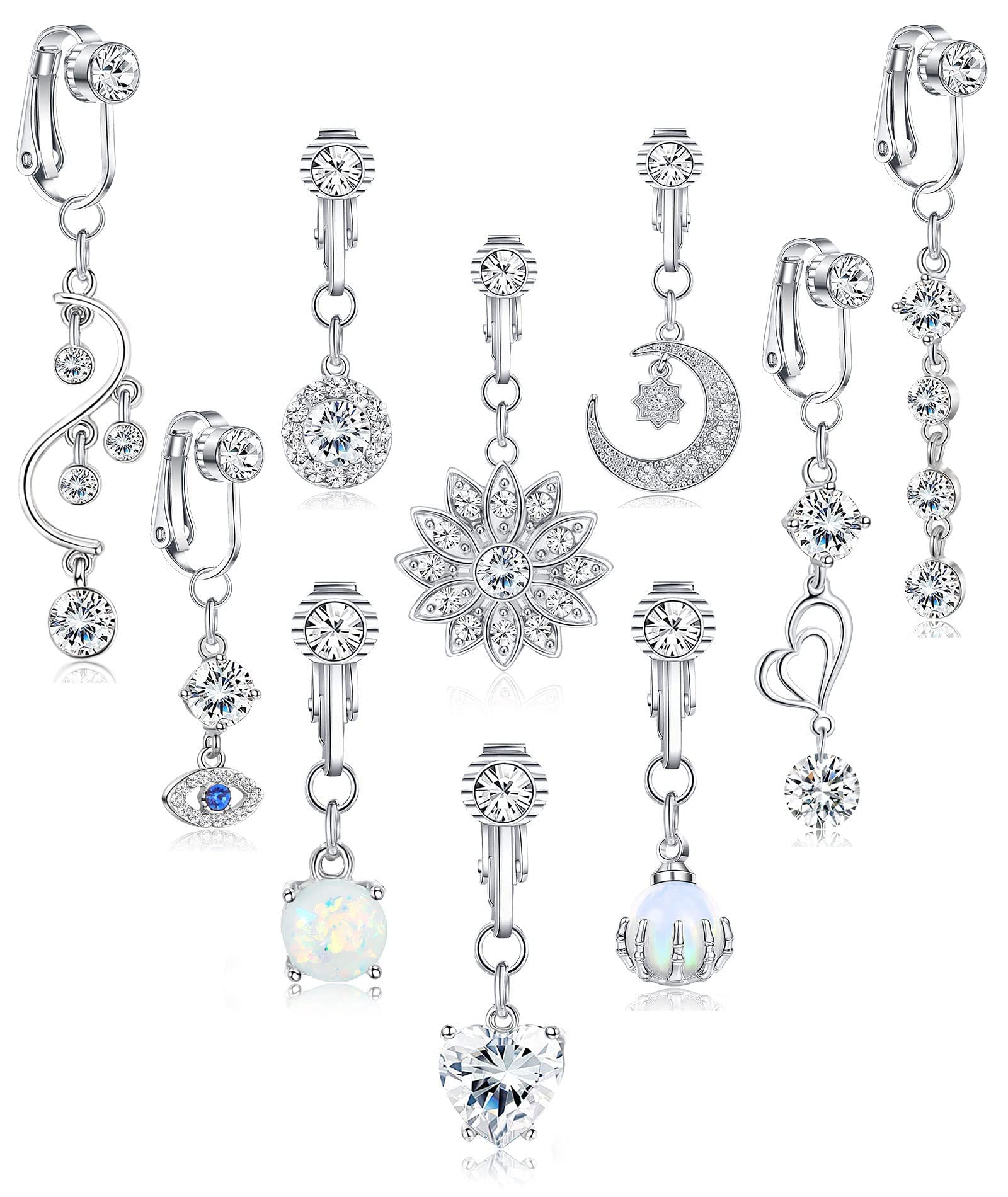 Honsny 10Pcs Fake Belly Ring Clip on Belly Button Rings for Women Dangling Opal CZ Fake Belly Button Ring Non Piercing Jewelry