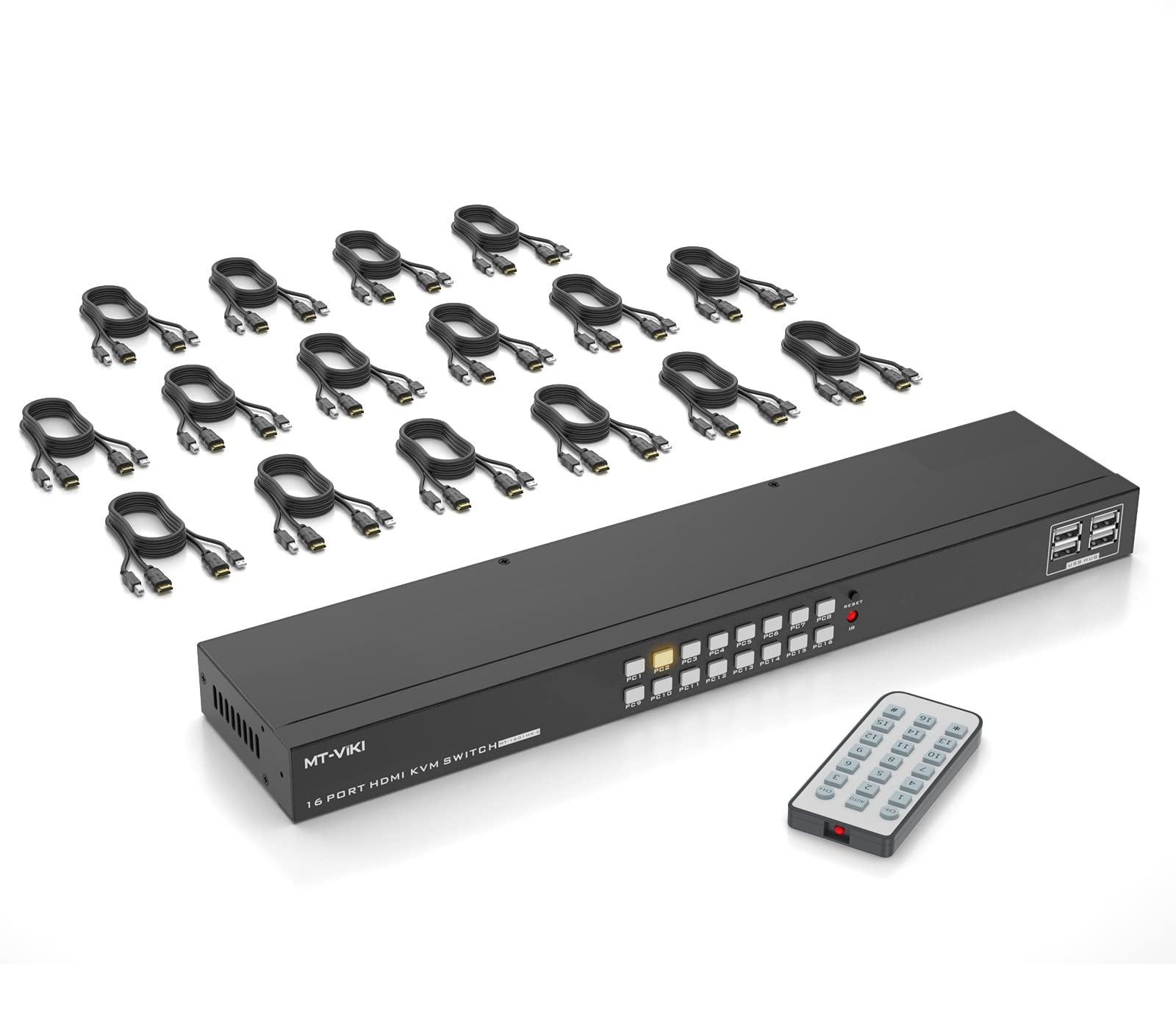 MT-VIKI 4K 16 Port KVM Switch HDMI, 4K@30Hz Rack Mount KVM Console w/16 Cables + 4 USB 2.0 Devices + IR Remote, Support EDID Storage, HDMI 1.4, HDCP 1.4 for 16 Computers/Servers, Fit 1U 19'' Rack