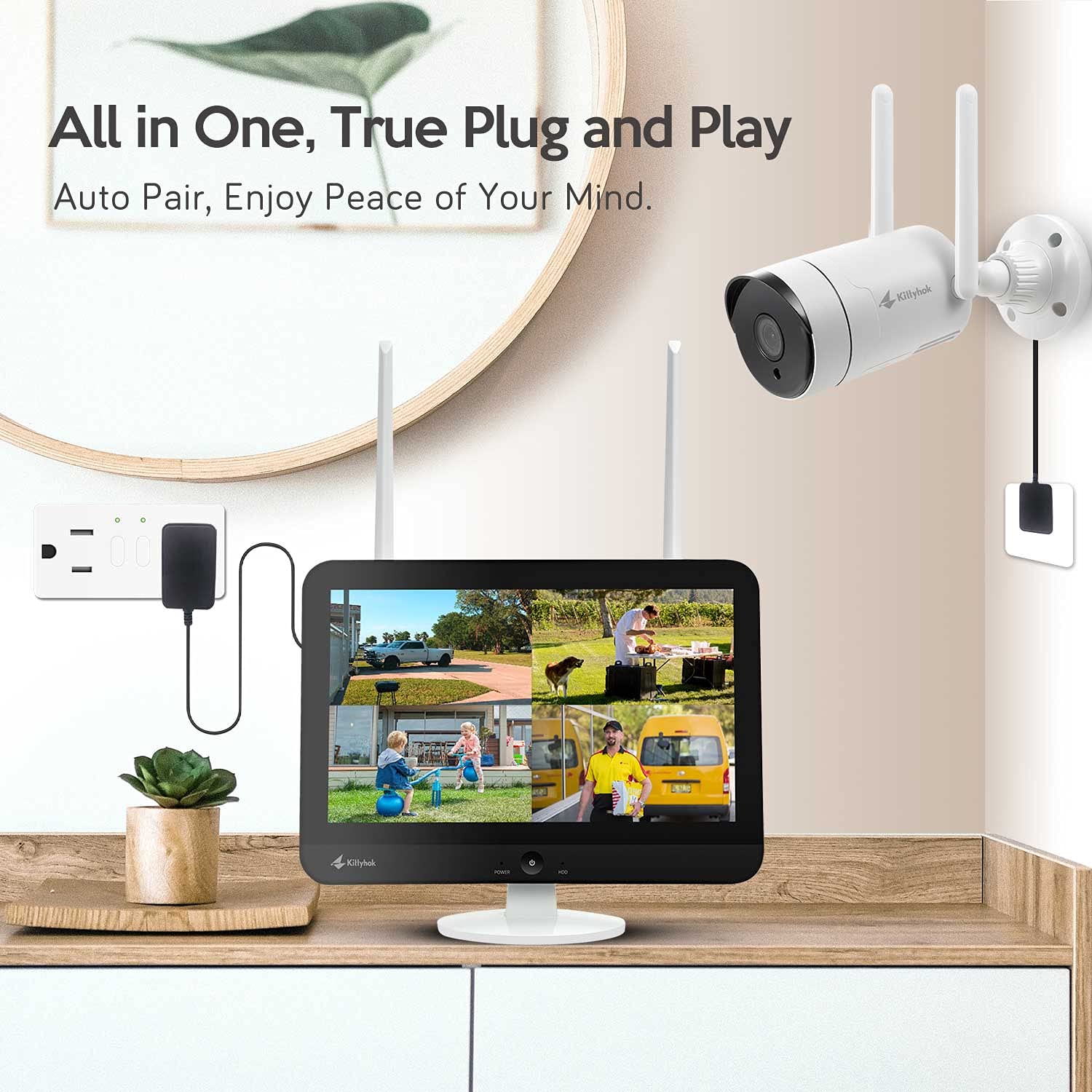 Kittyhok Wireless Security Camera System with 10CH 12" Monitor, 4pcs 2K WiFi Security Camera & 4pcs PTZ Outdoor Security Camera with 360 Viewing, Auto Tracking, Human Detection, Spotlight, 1TB HDD