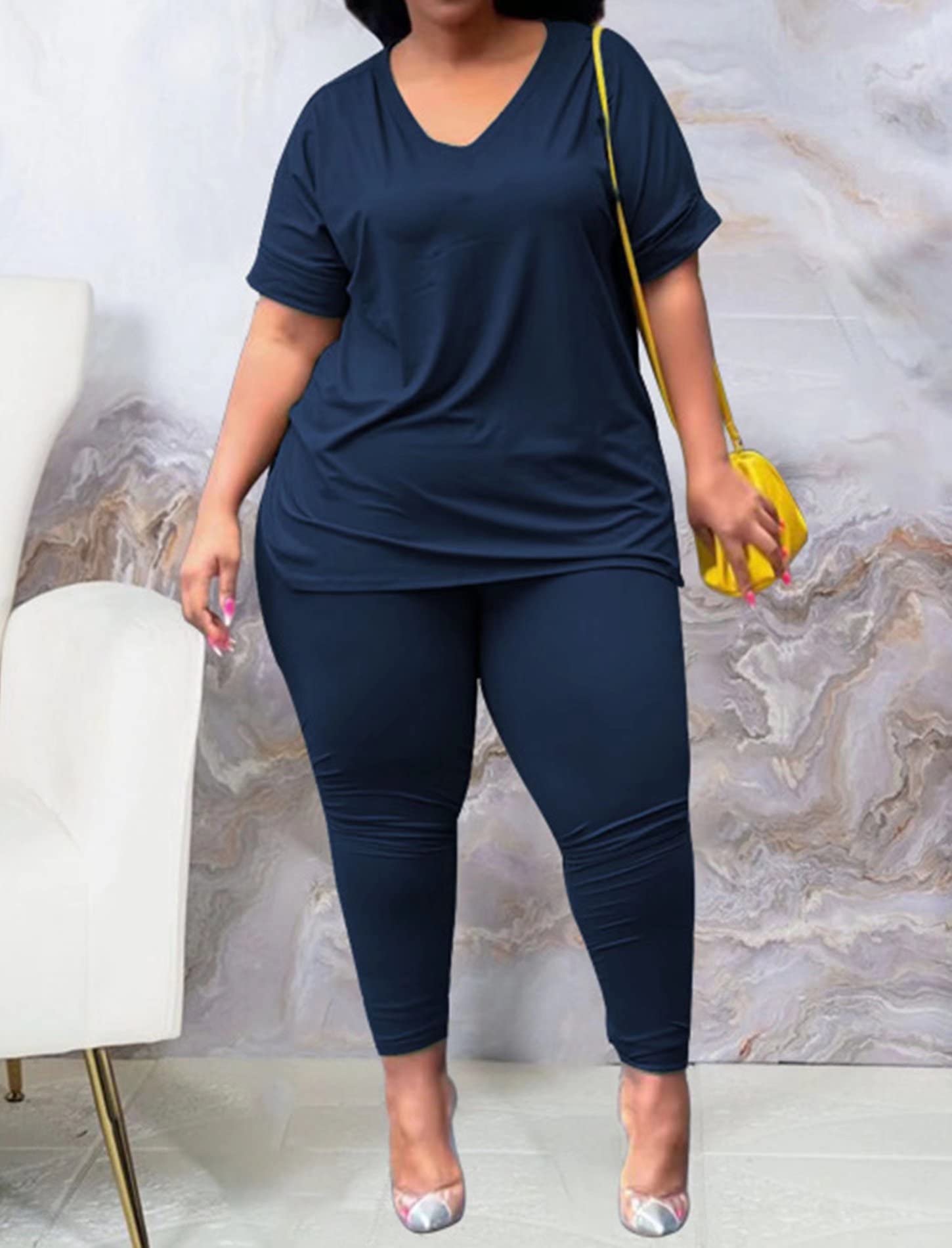IyMoo Women's Plus Size 2 Piece Outfit - Casual Short Sleeve V Neck T-Shirts Workout Tracksuit Bodycon Pants Set Jumpsuit Rompers Navy Blue XL
